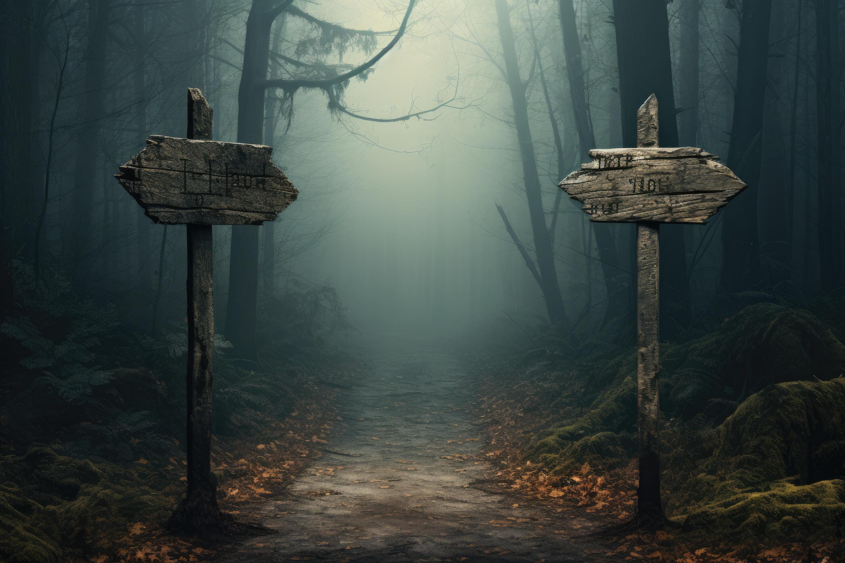 Wooden direction signs in the foggy forest. 3D Rendering, Showing a path splitting into two ...