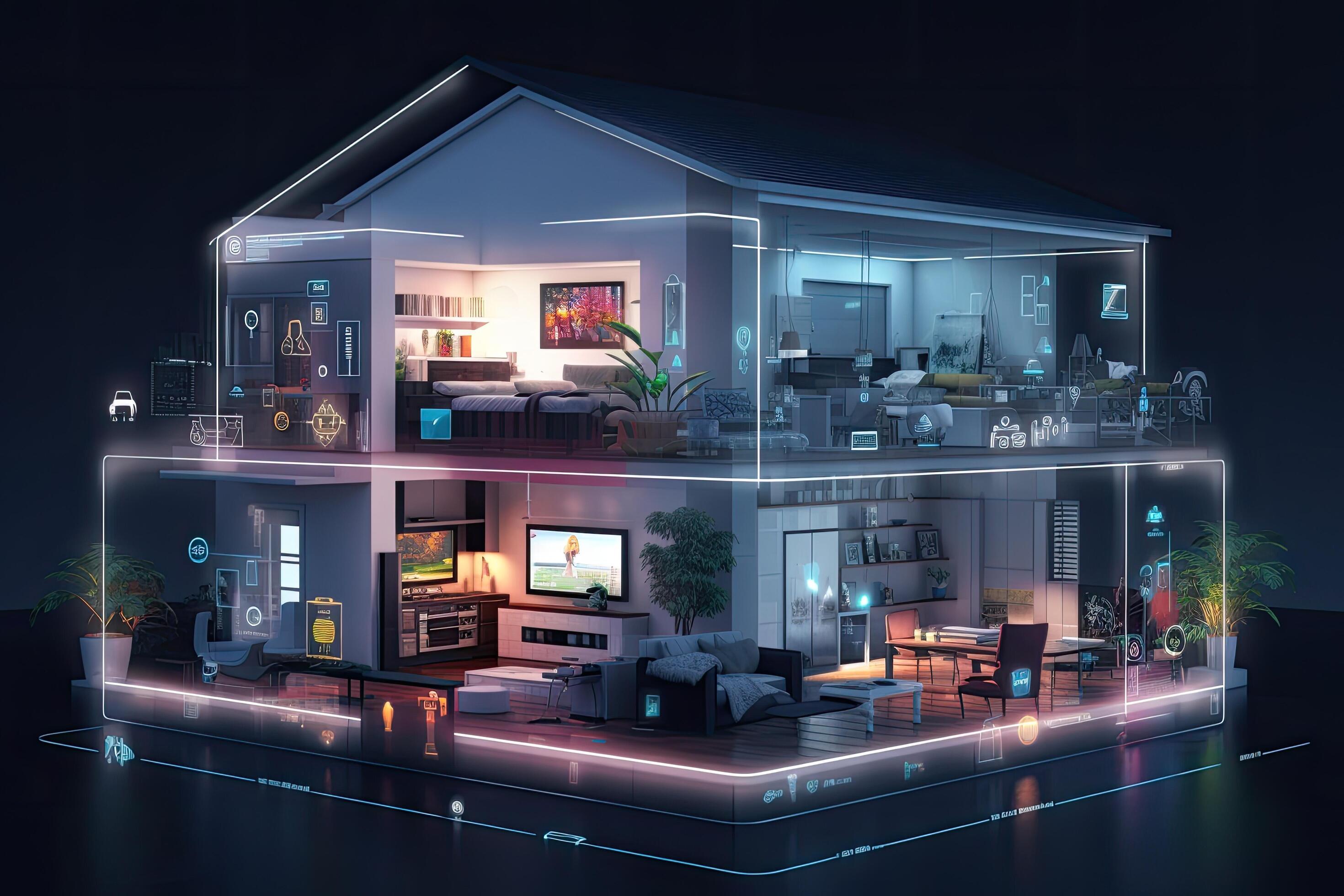 3d render of modern living room with glowing lights on background ...