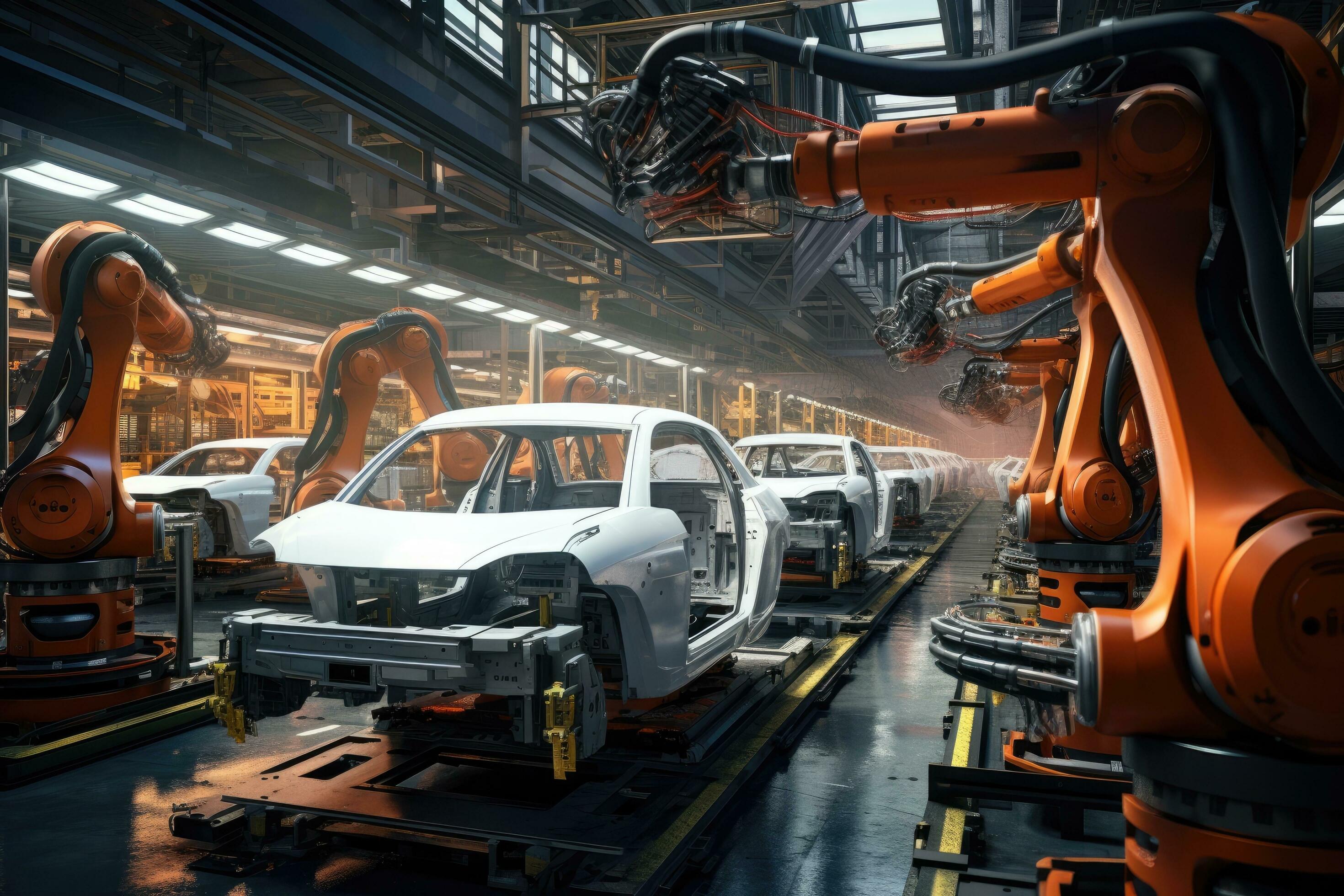 Automation industry concept. Automotive assembly line in factory. 3D rendering, robotic car ...