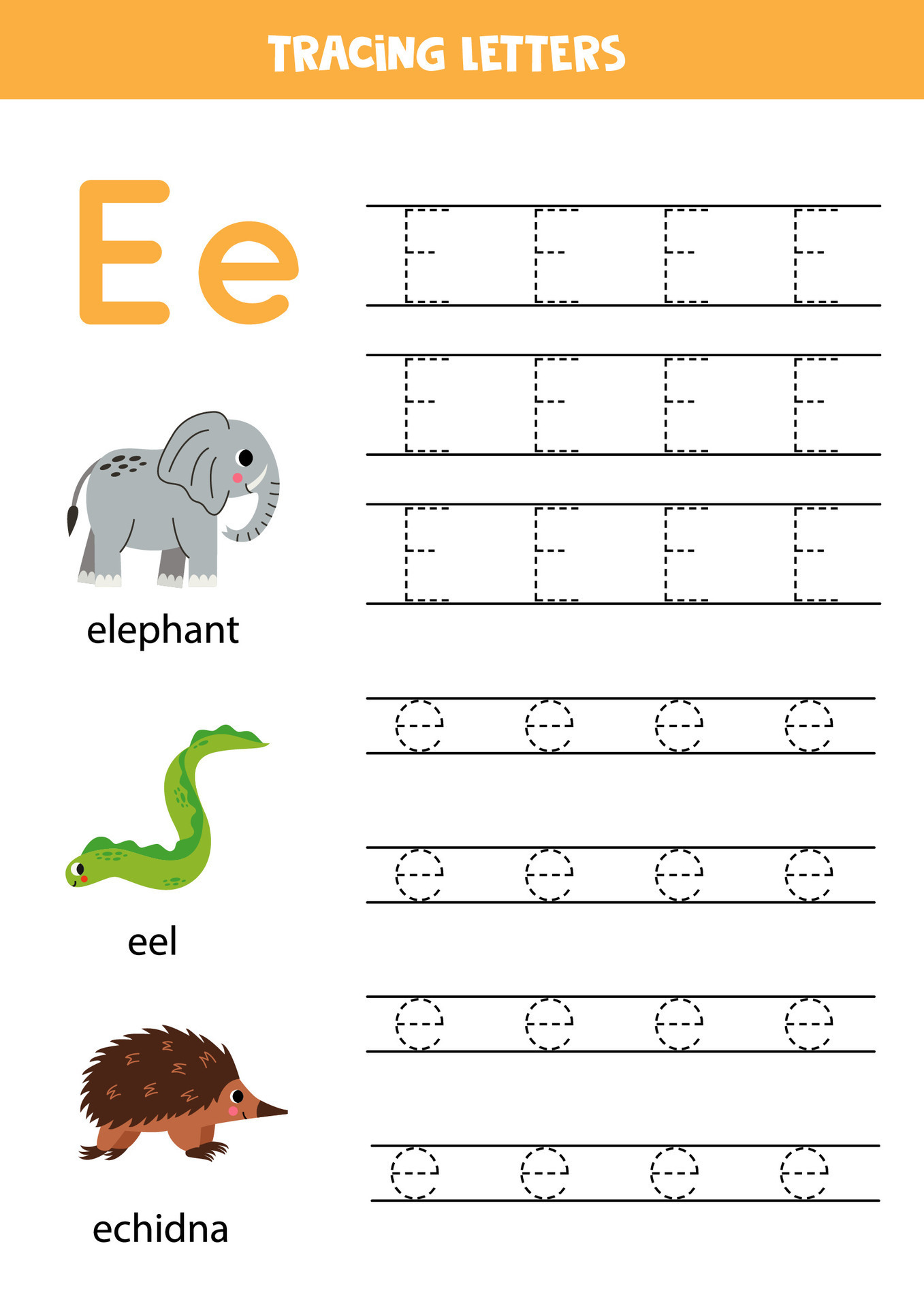 Tracing alphabet letters for kids. Animal alphabet. Letter e is for ... Tracing alphabet letters for kids. Animal alphabet. Letter e is for ...