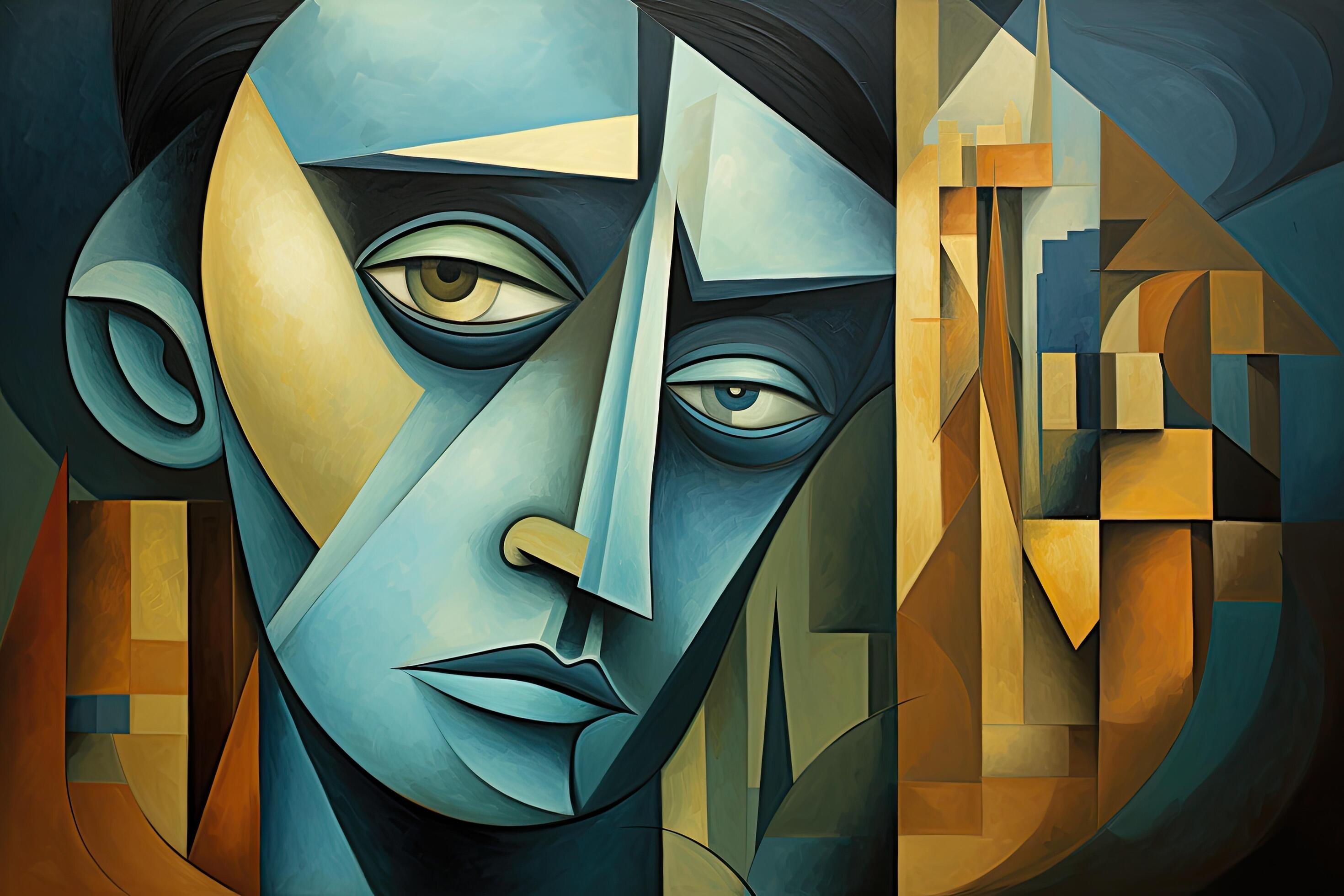 Digital painting of a man face combined with geometric shapes in blue ...