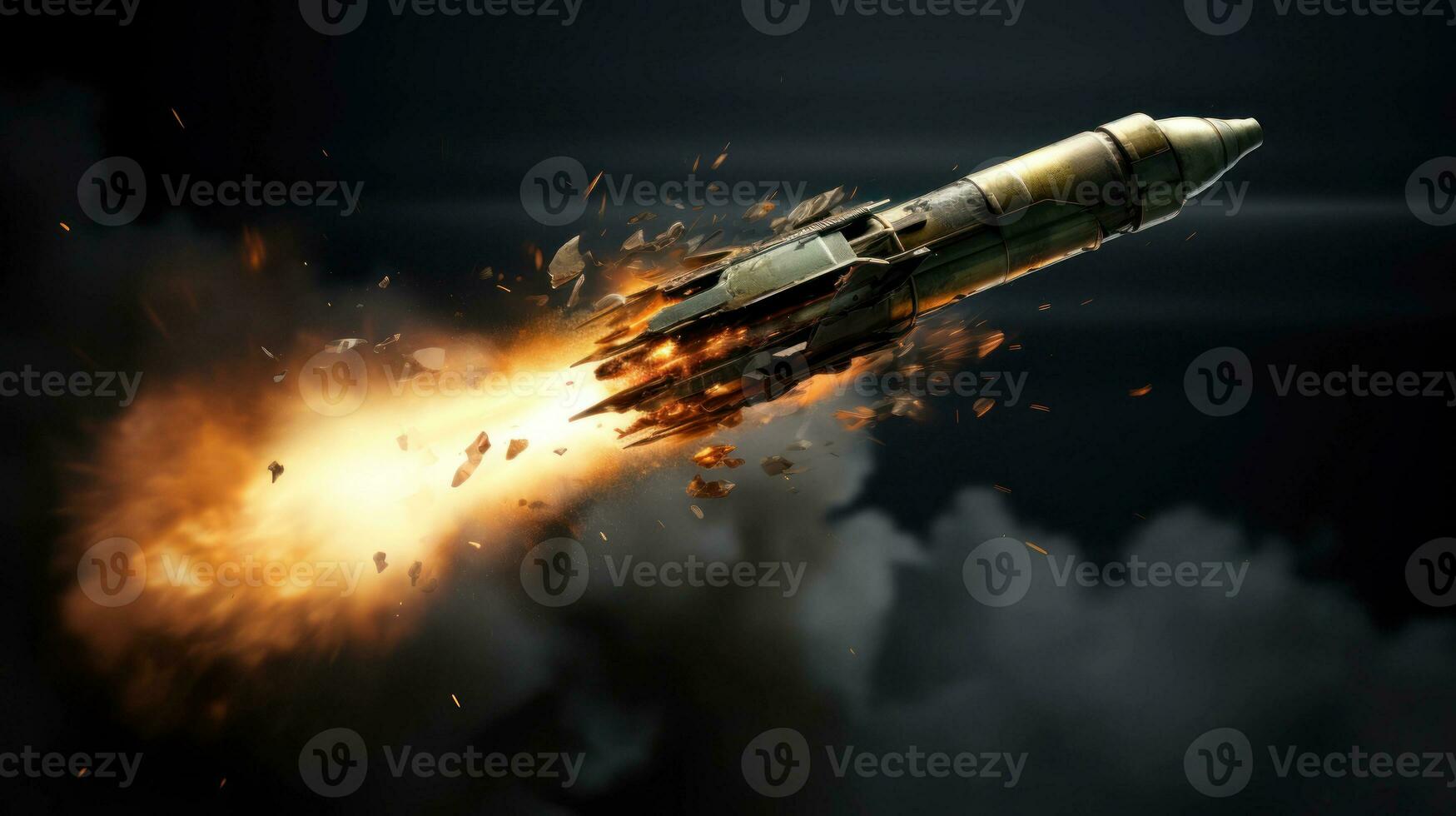 Rocket or projectile in flight, with trail of fire and smoke behind it, against dark sky. Rocket ...