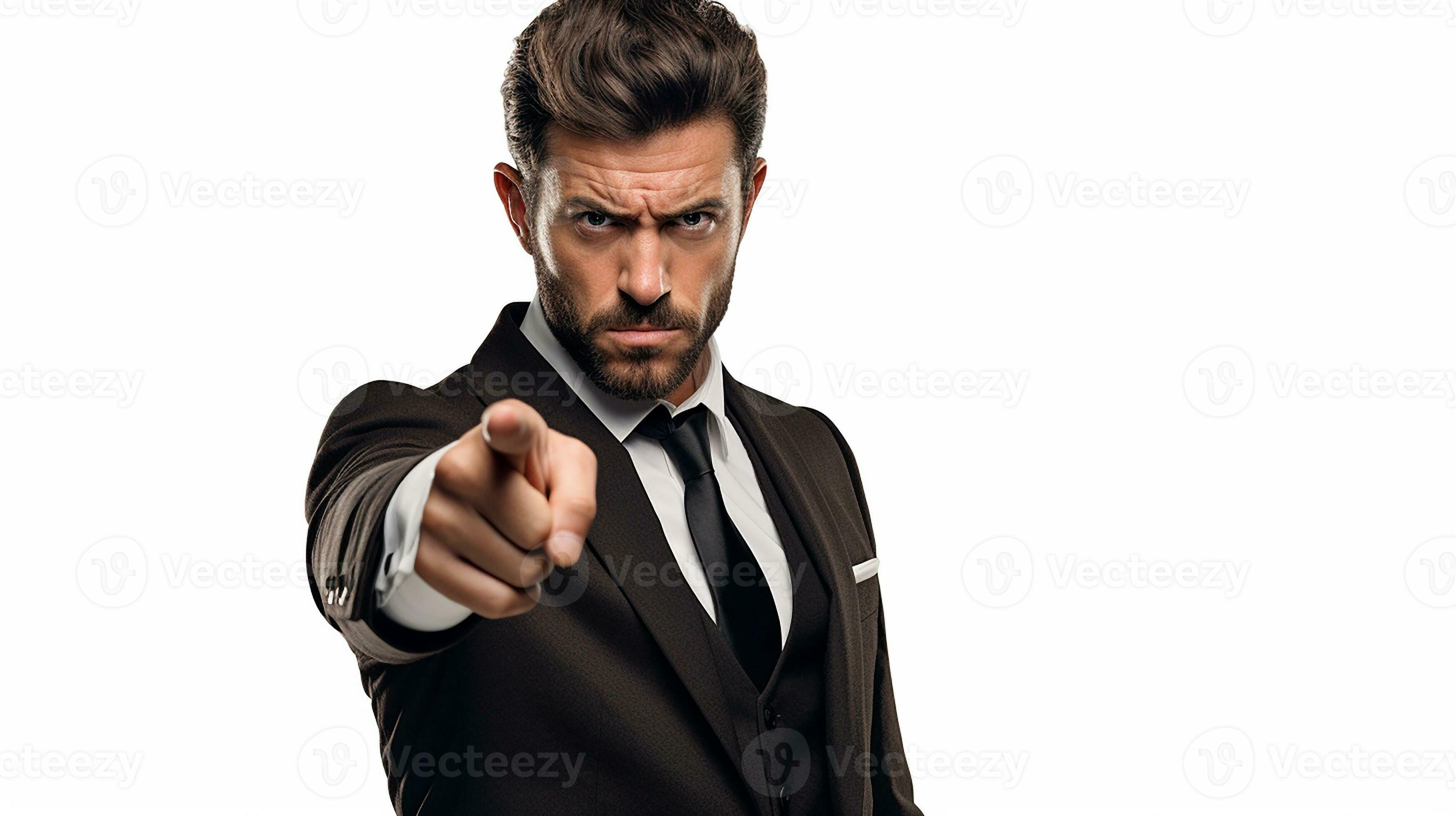 Man in suit standing and showing his angry emotion. Portrait ...