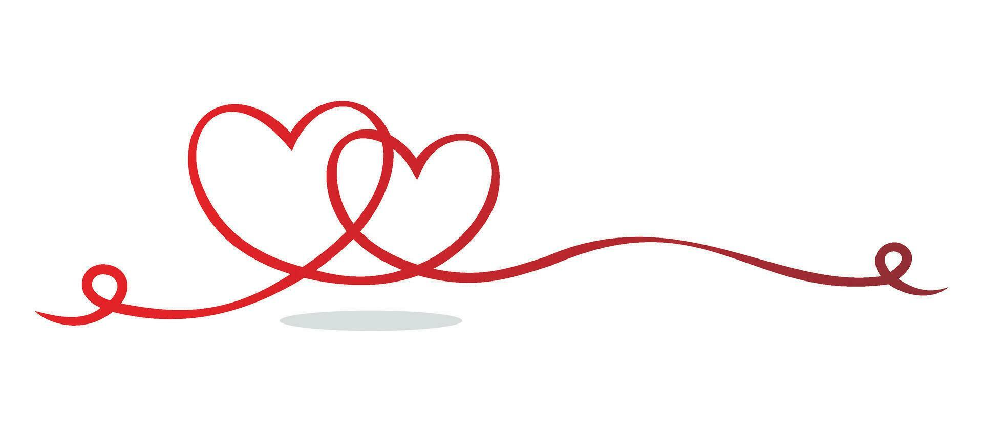 One line drawing of two linked hearts with copy space. Artistic two red hearts icon with ...