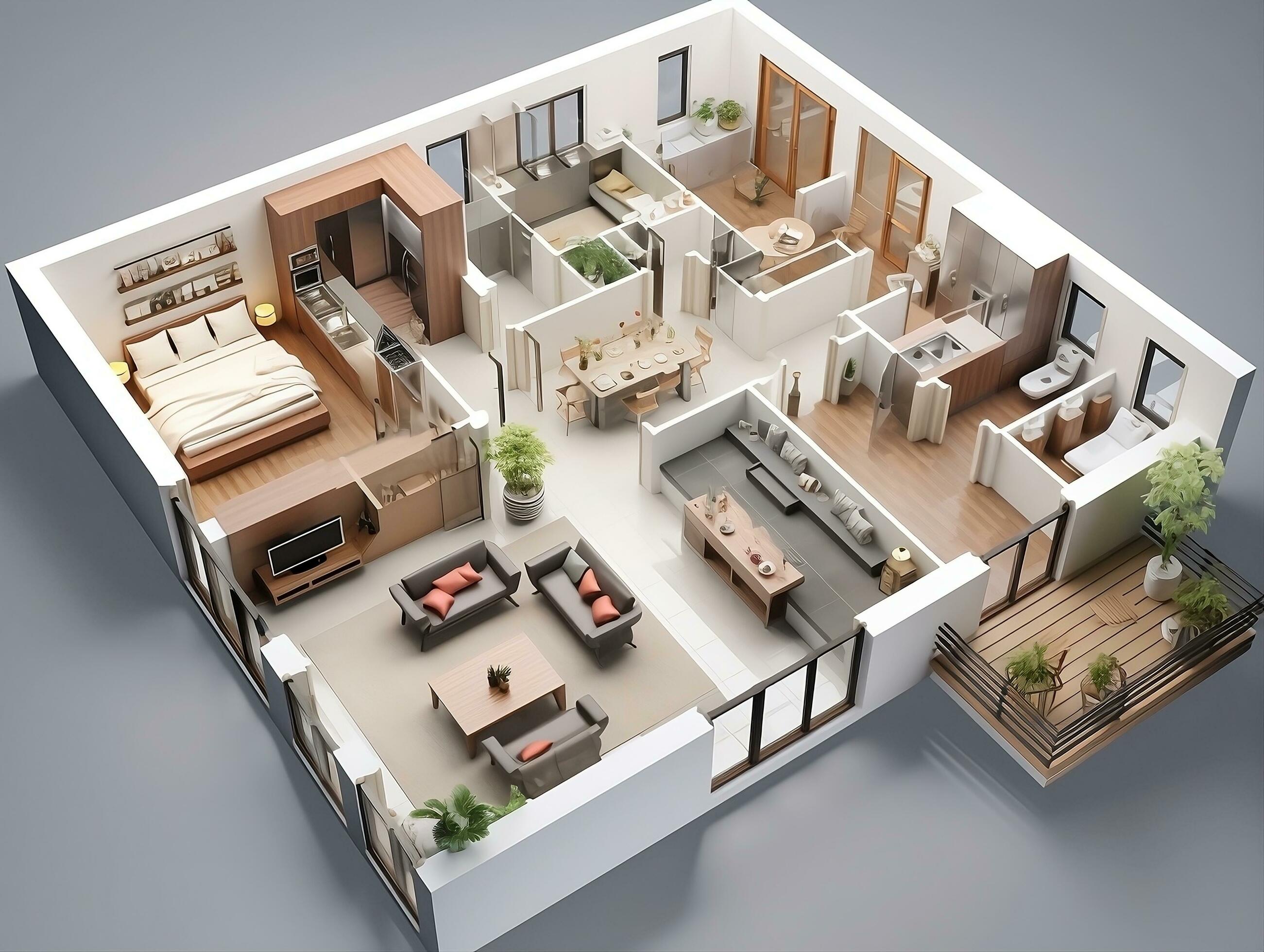 AI generated 3D floor plan of an open concept living apartment layout ...