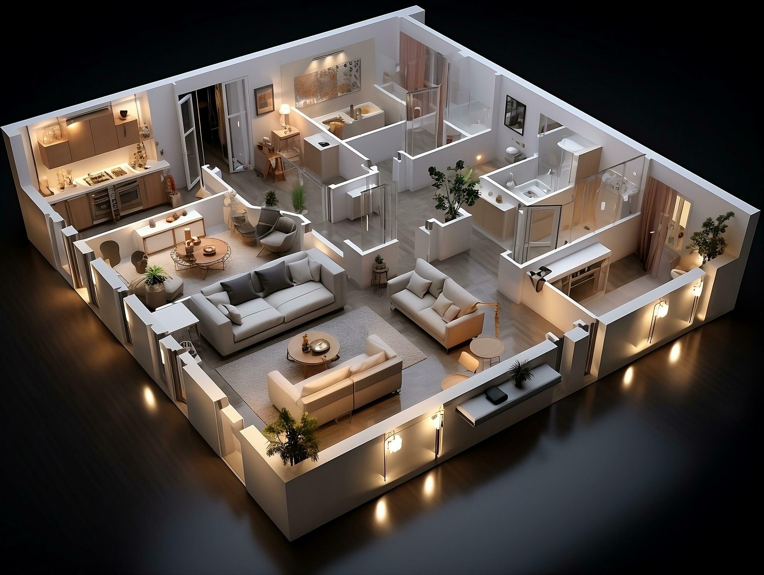 AI generated 3D floor plan of an open concept living apartment layout home AI Generative ...