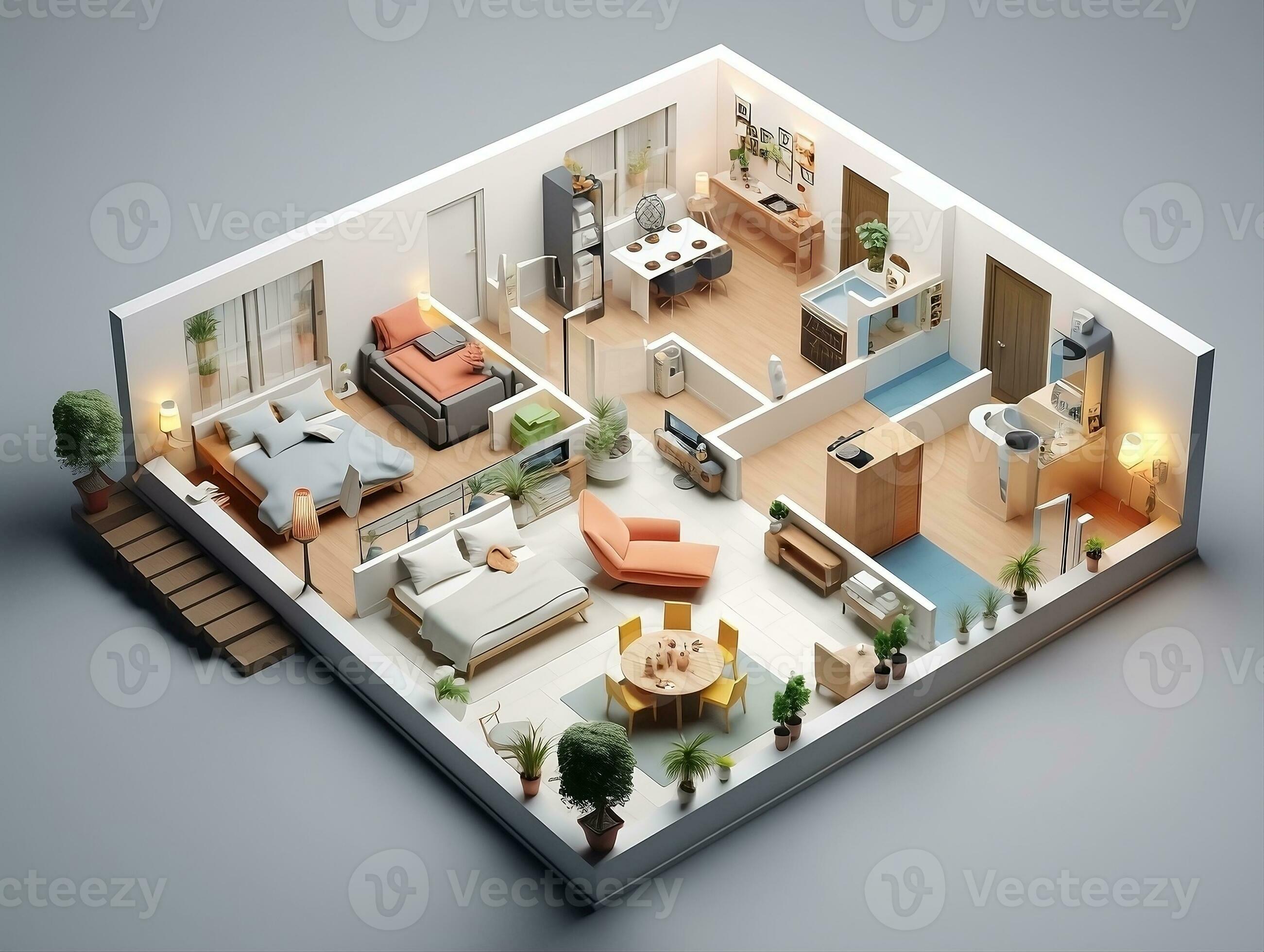 AI generated 3D floor plan of an open concept living apartment layout home AI Generative ...