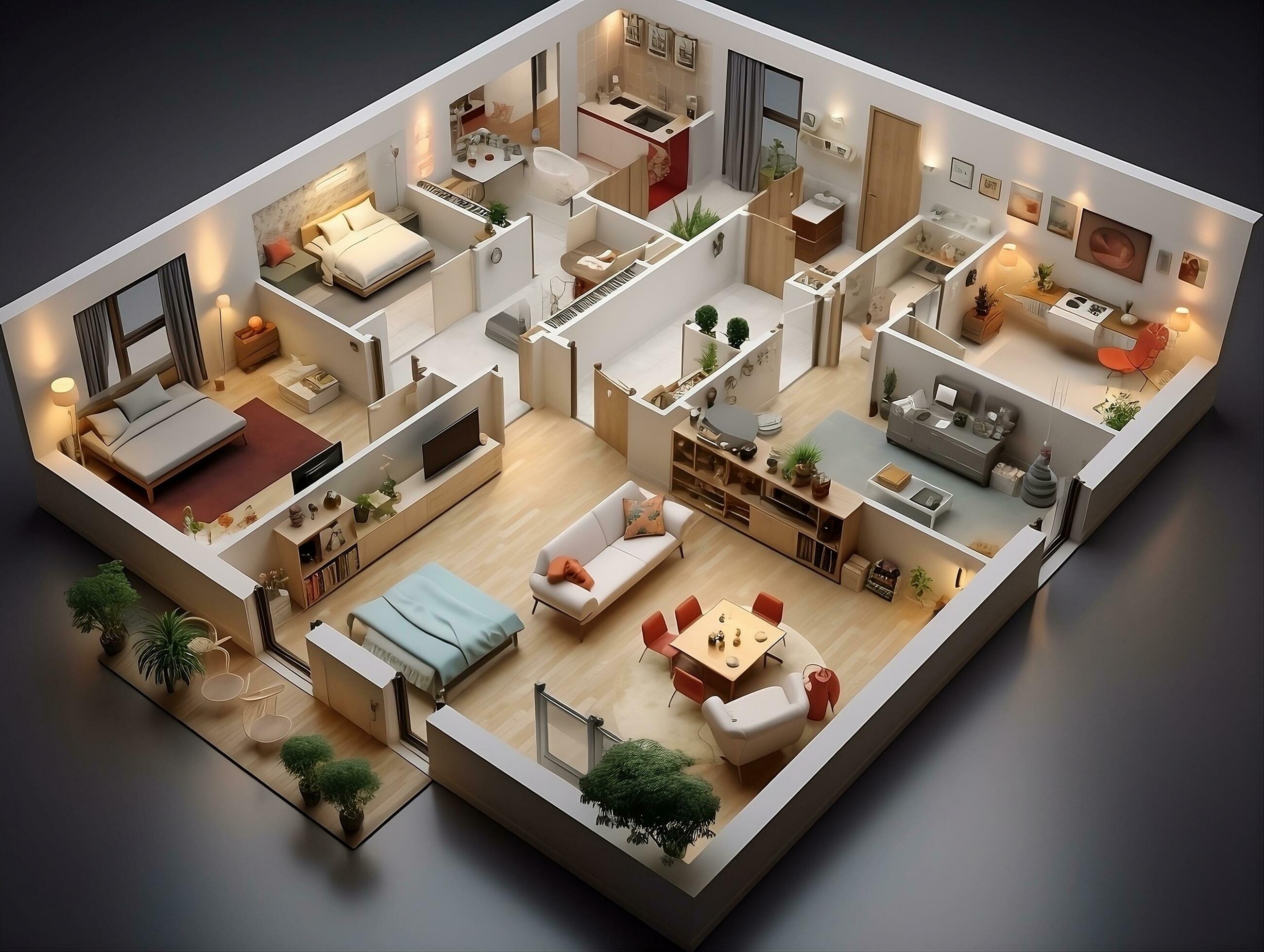 AI generated 3D floor plan of an open concept living apartment layout ...