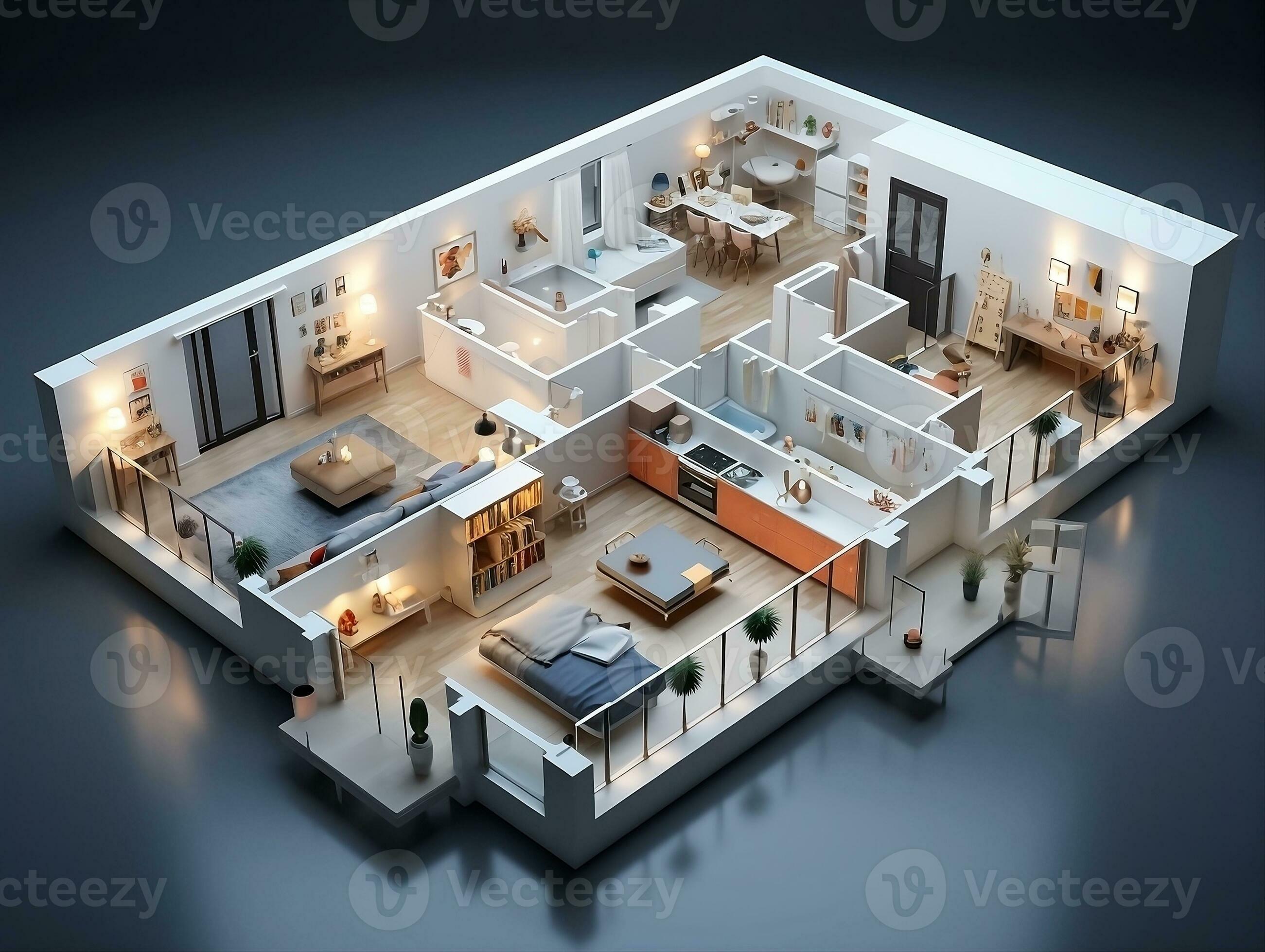 AI generated 3D floor plan of an open concept living apartment layout home AI Generative ...