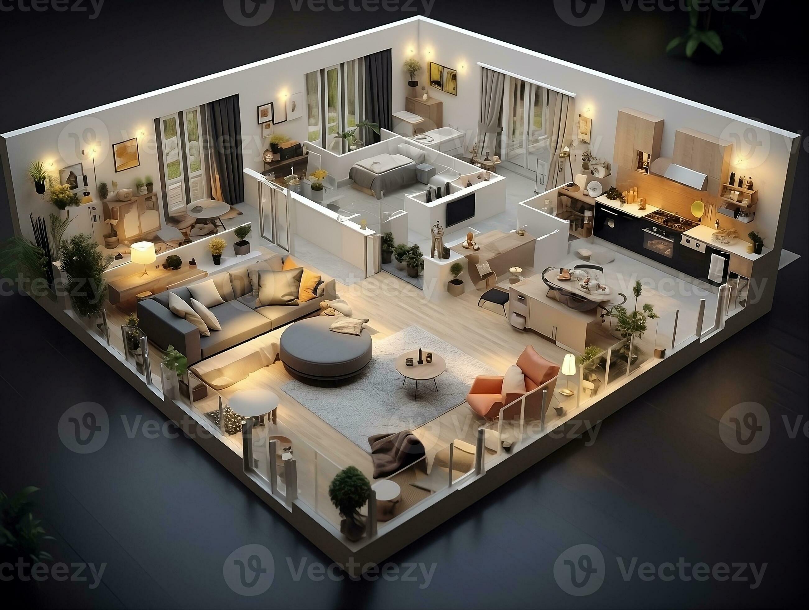 AI generated 3D floor plan of an open concept living apartment layout ...