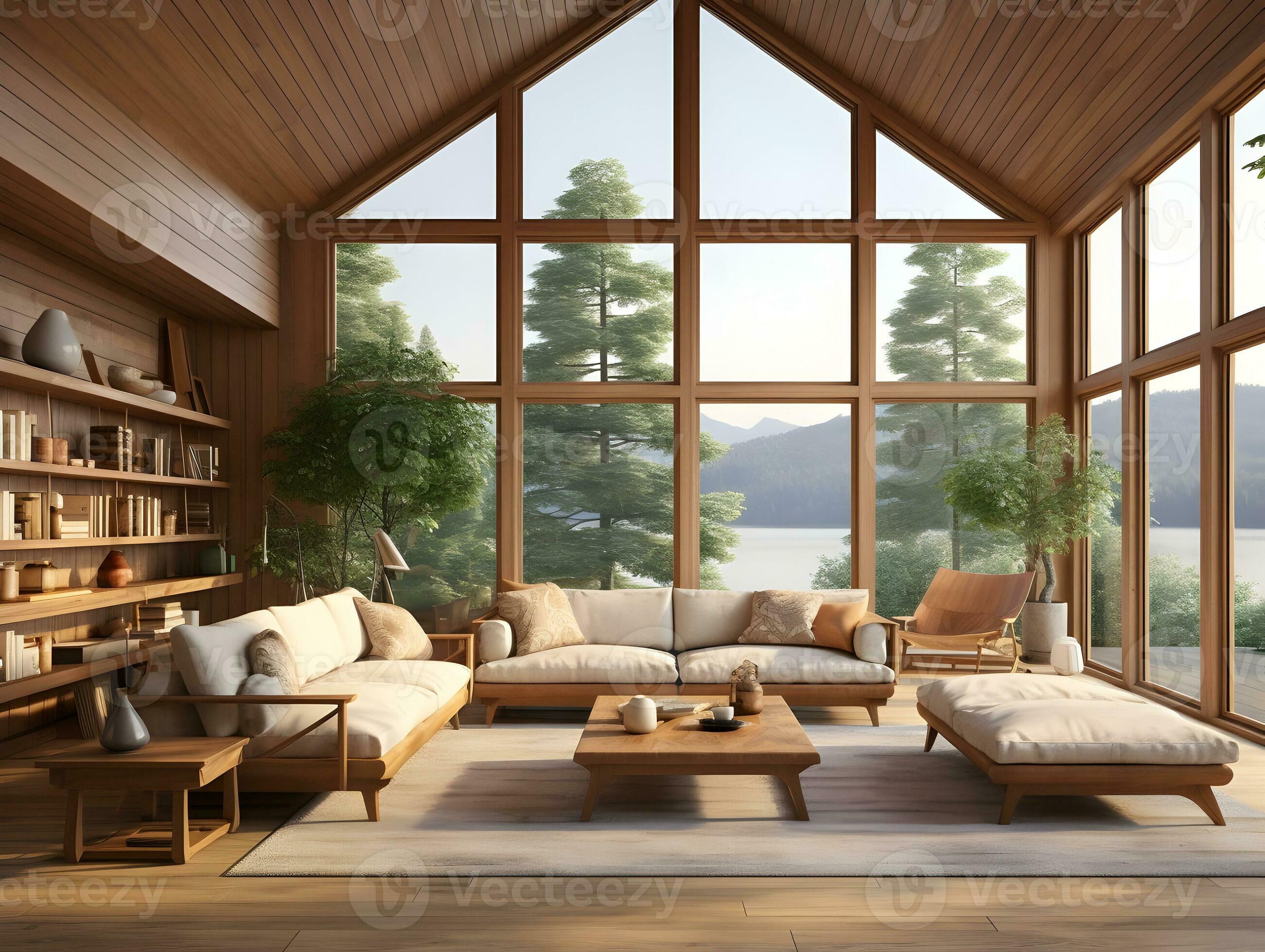 AI generated Modern space wooden interior living room with large ...