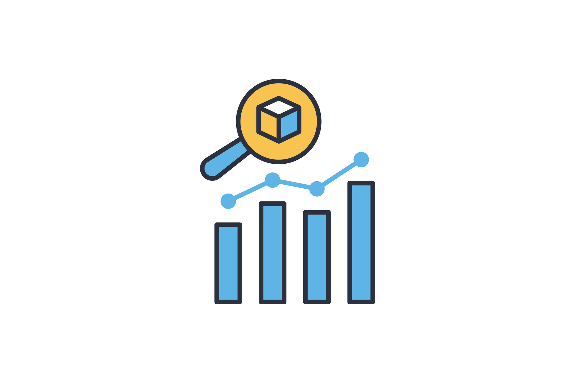 Big data analytics icon. Magnifying glass over data analytics charts ...