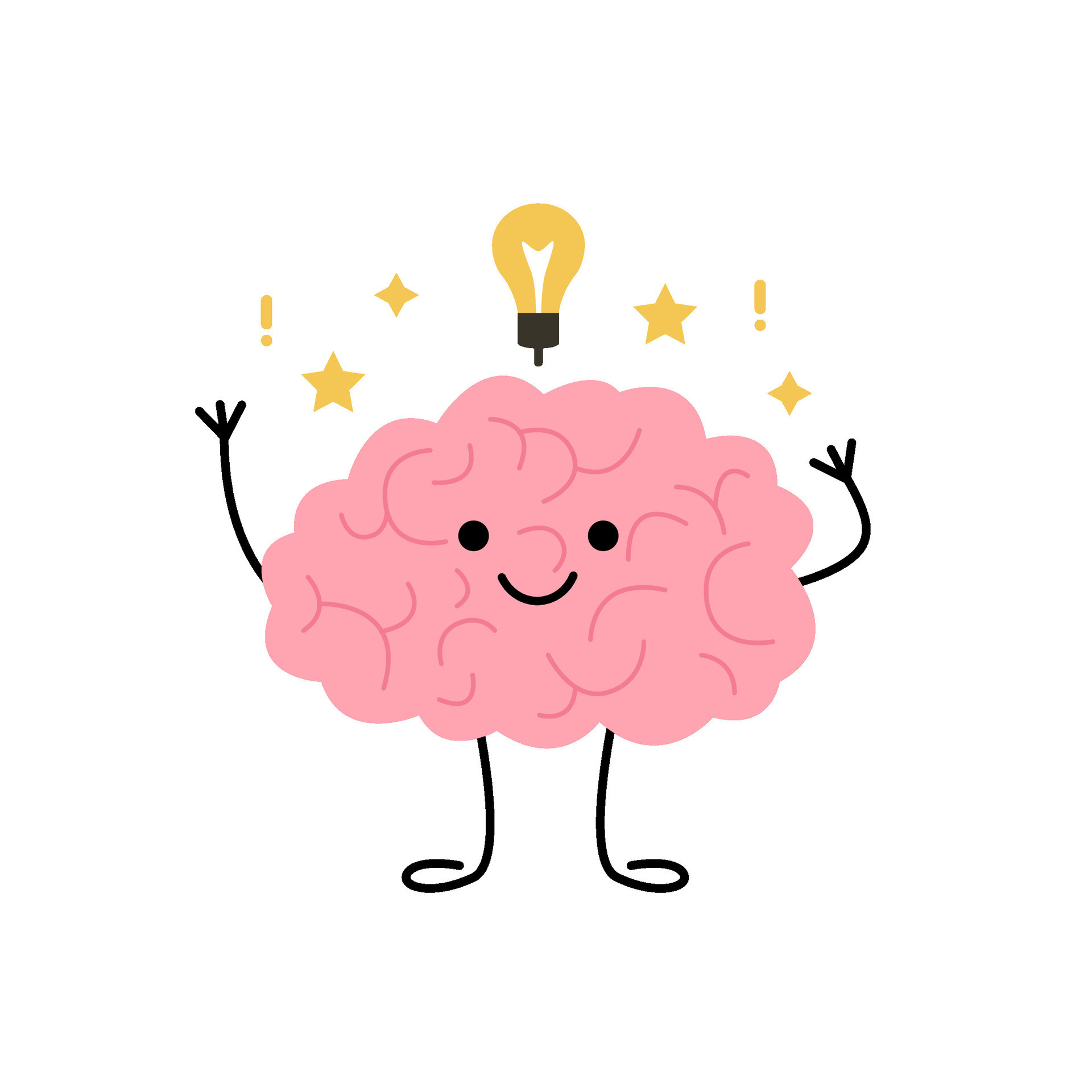 Brain think, light bulb as idea, cute child character. Happy brain ... Brain think, light bulb as idea, cute child character. Happy brain ...