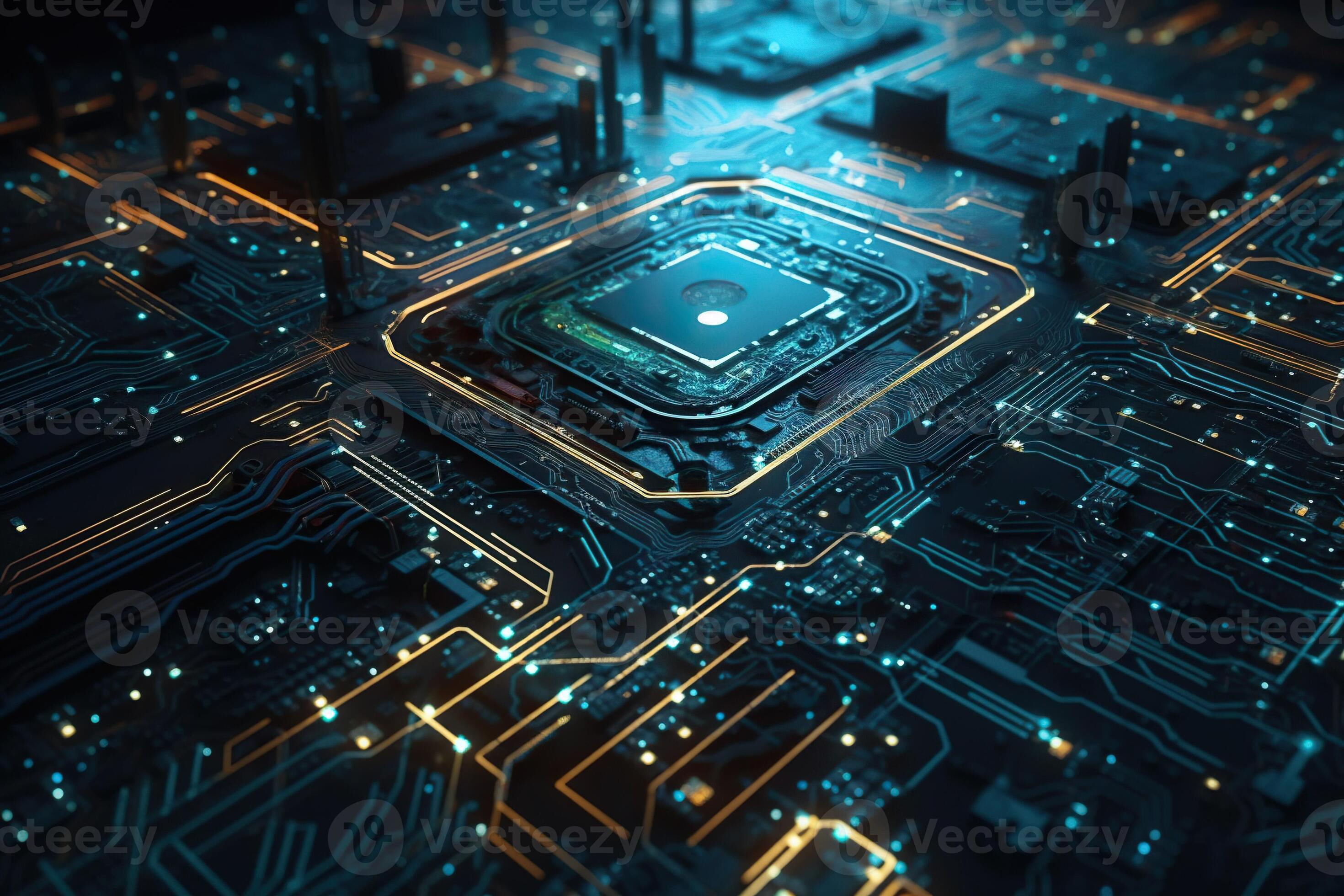 Generative AI, close up macro shot of circuit cyberspace board with computer motherboard ...