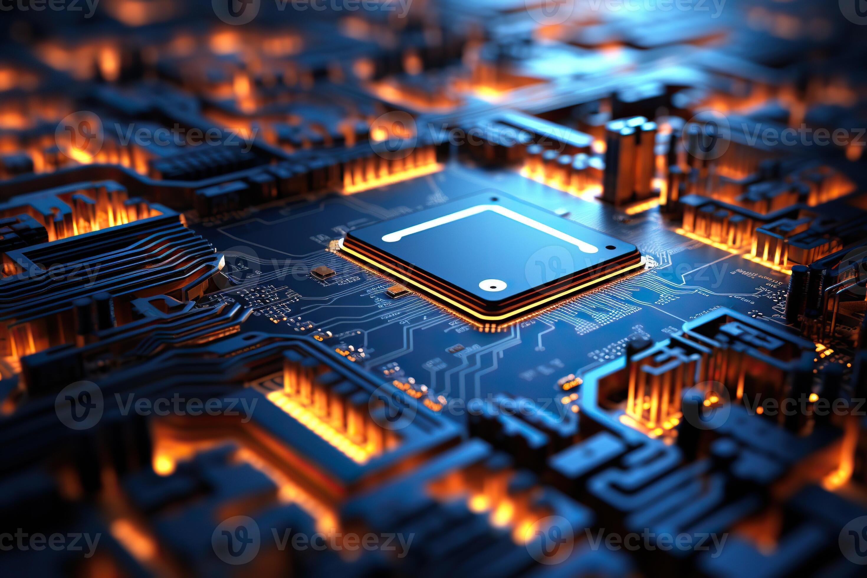 Generative AI, close up macro shot of circuit cyberspace board with computer motherboard ...