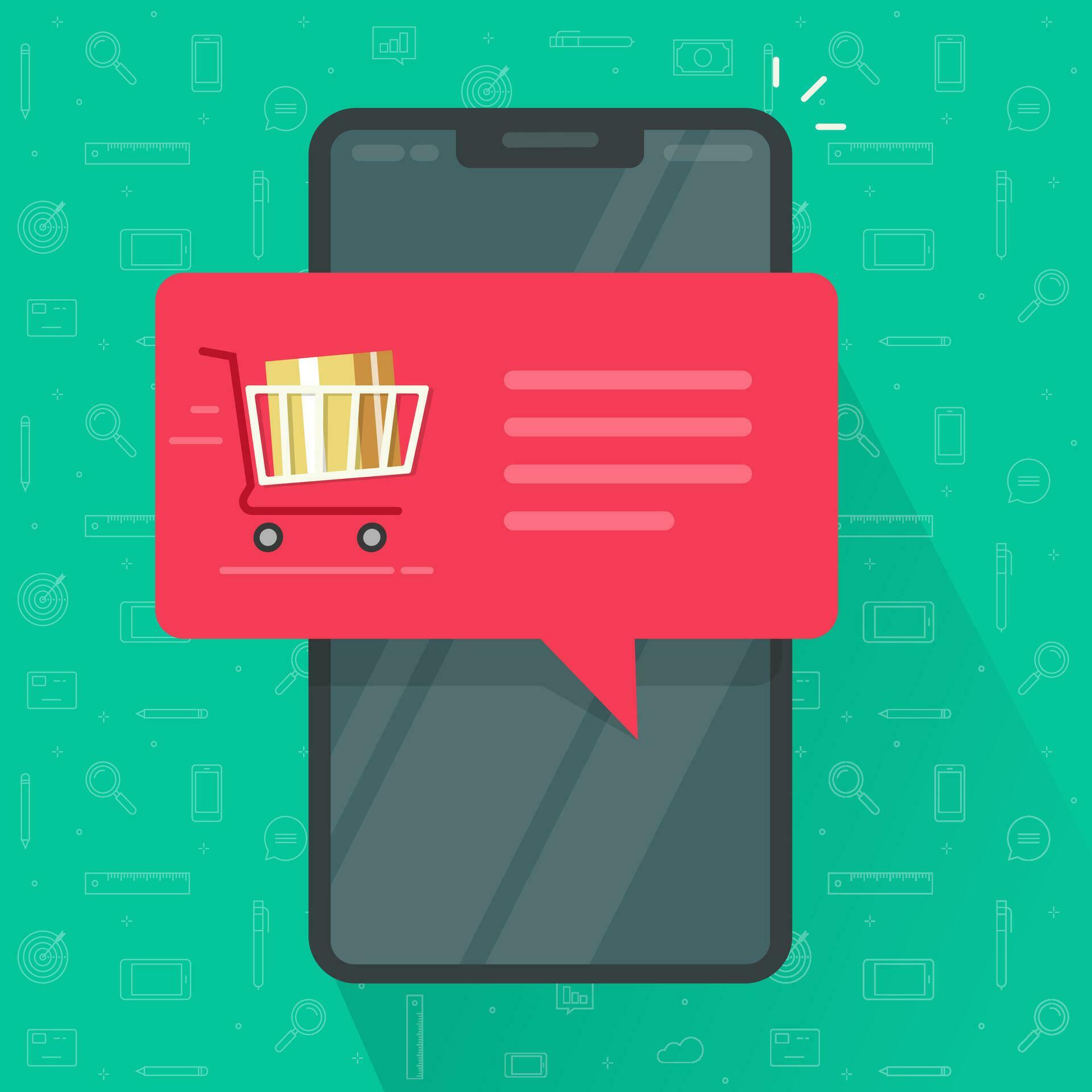 Mobile phone or smartphone order push notification vector illustration flat cartoon, cellphone ...