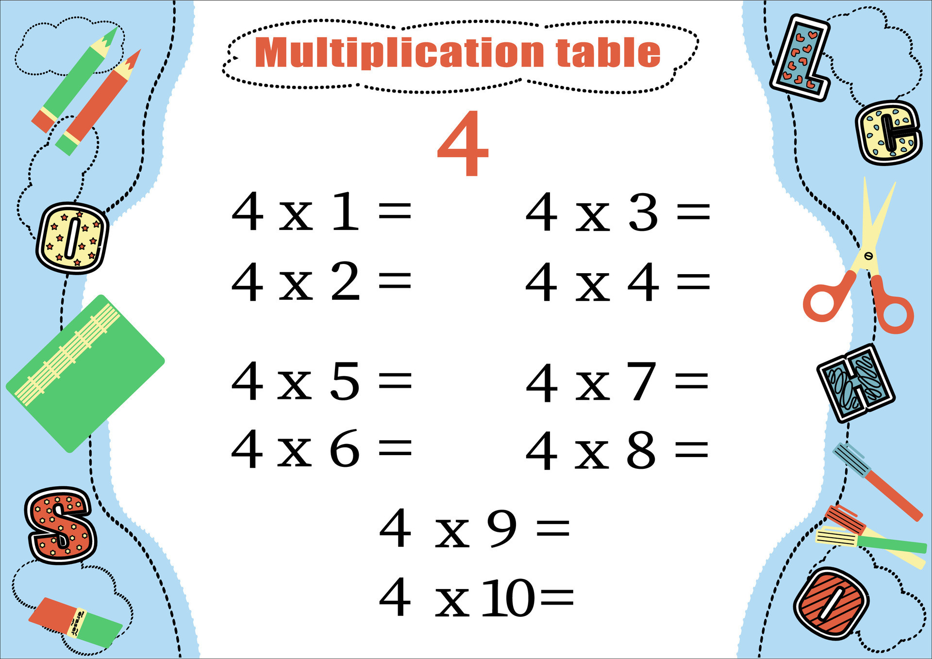 Multiplication Table By 4 With A Task To Consolidate Knowledge Of