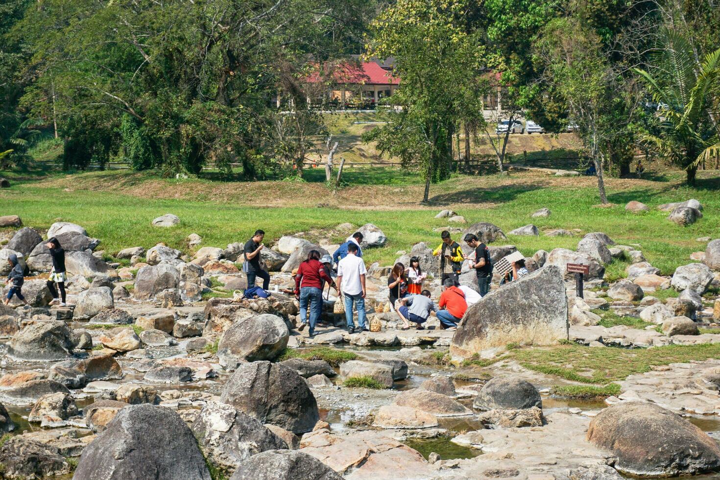Lampang, TH, 2020 - crowd of people and tourist come to visit hot springs at Chae Son National ...