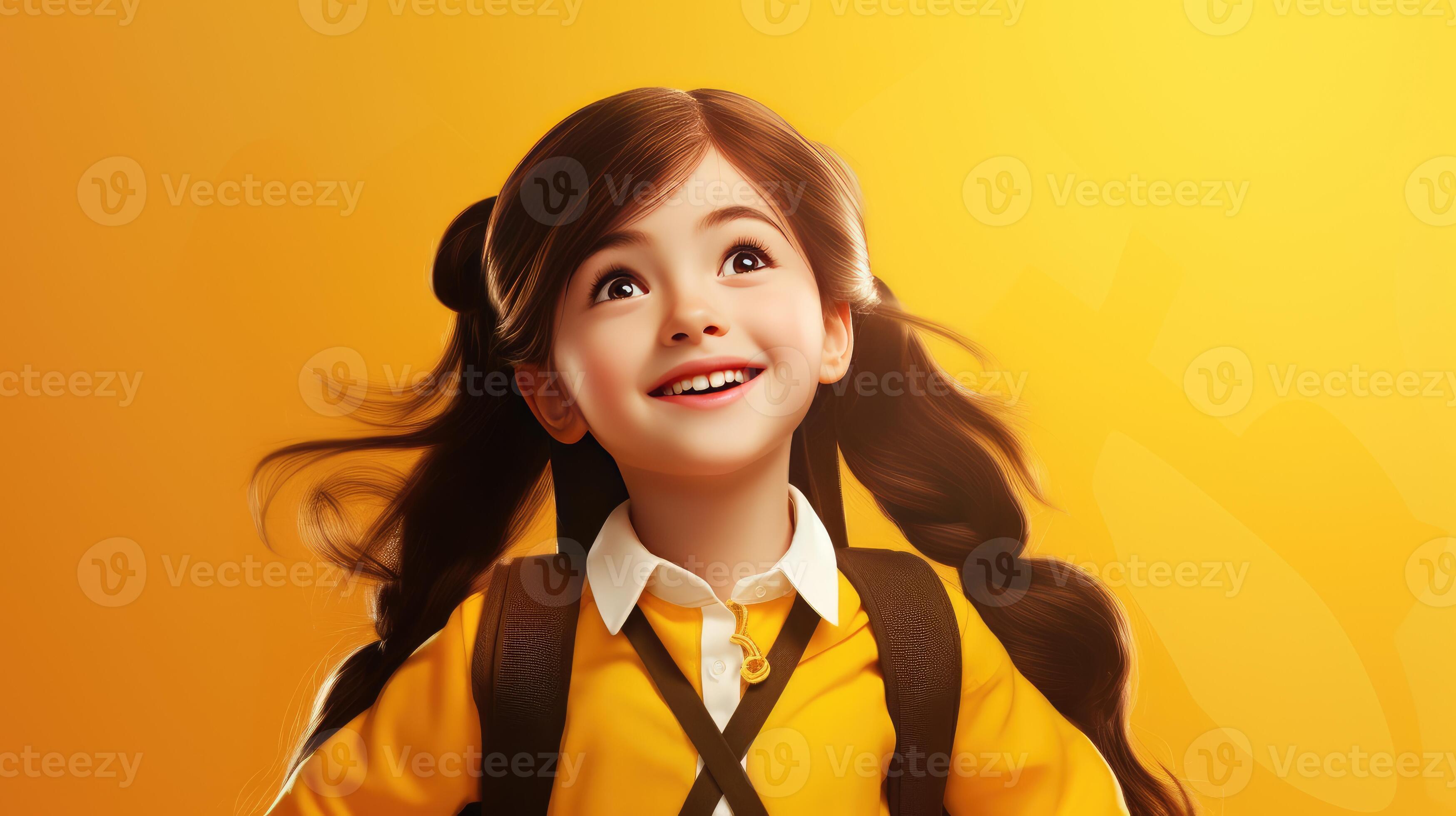 AI generated cute little girl in school uniform with yellow background, Back to School Concept ...