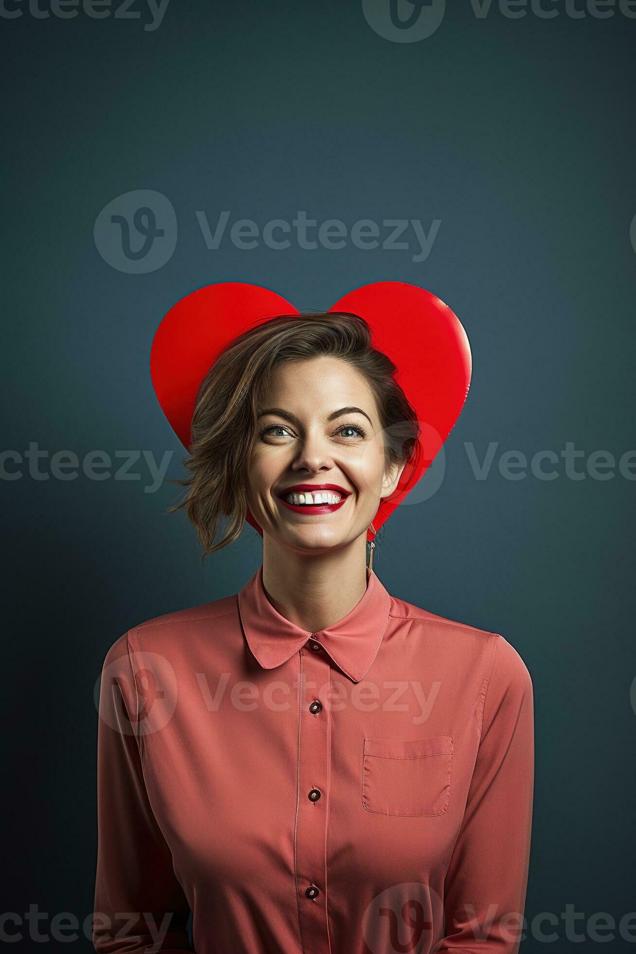 Portrait Of A Happy Woman With Red Heart Valentines Day Concept Ai