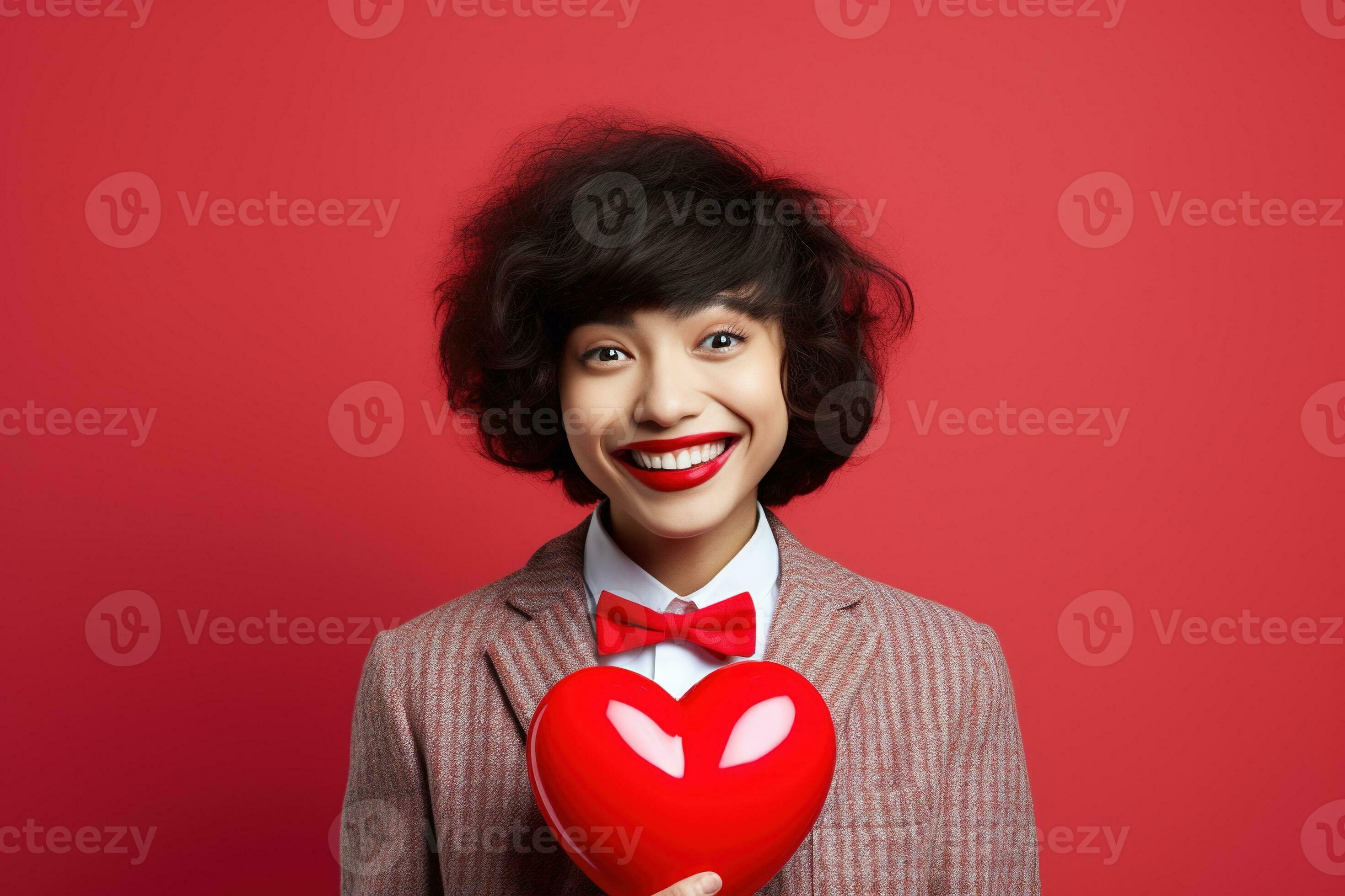 Portrait Of A Happy Woman With Red Heart On A Red Background Valentine
