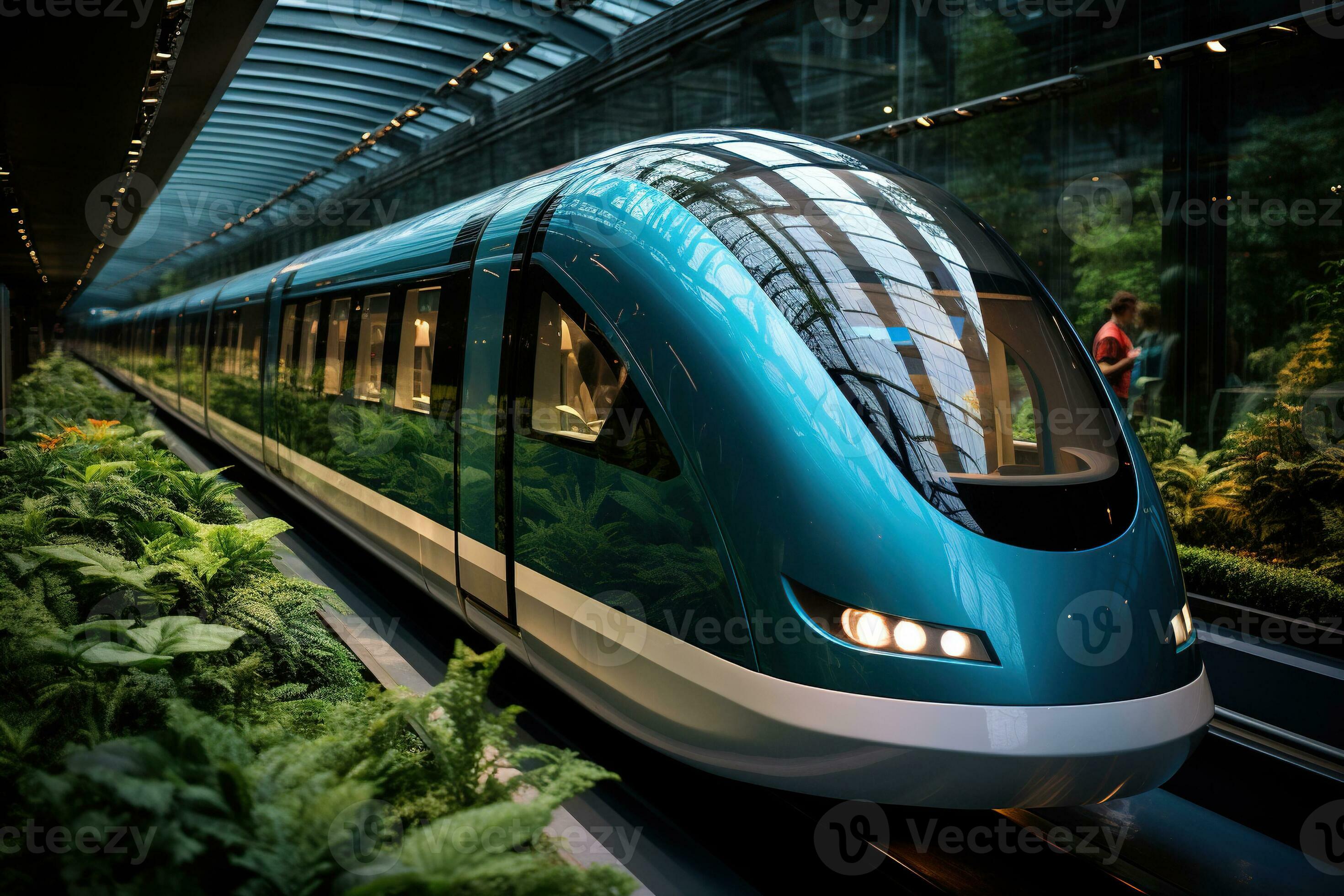 AI generated Beautiful modern train at the railway station with lots of green plants. Generated ...