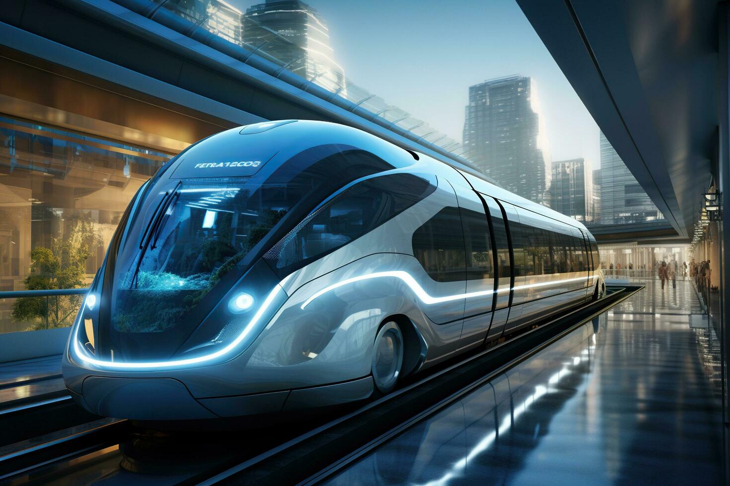 AI generated Beautiful modern train at the railway station in a big city. Generated by ...