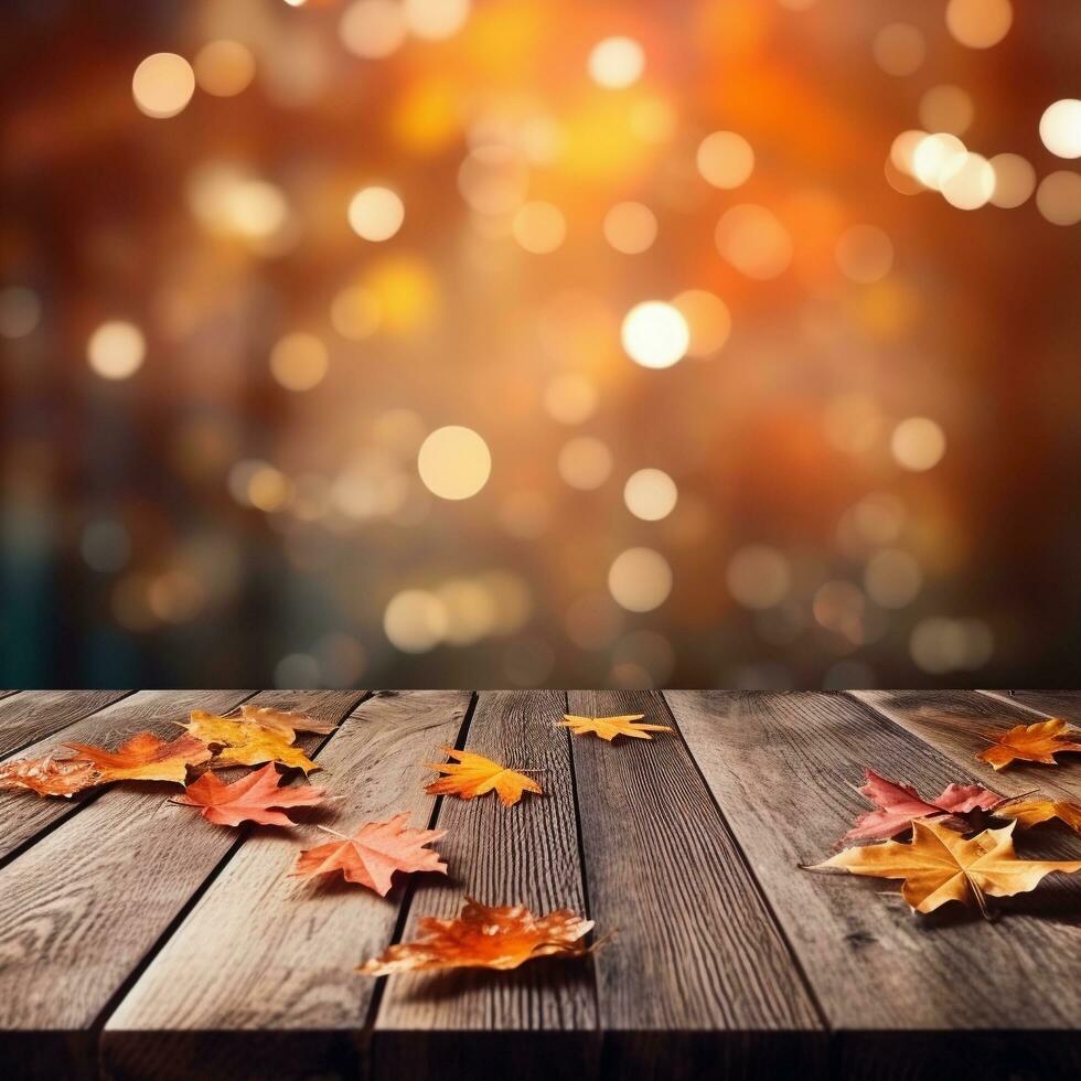 AI Generated autumn maple leaves on wooden plank stand table with ...