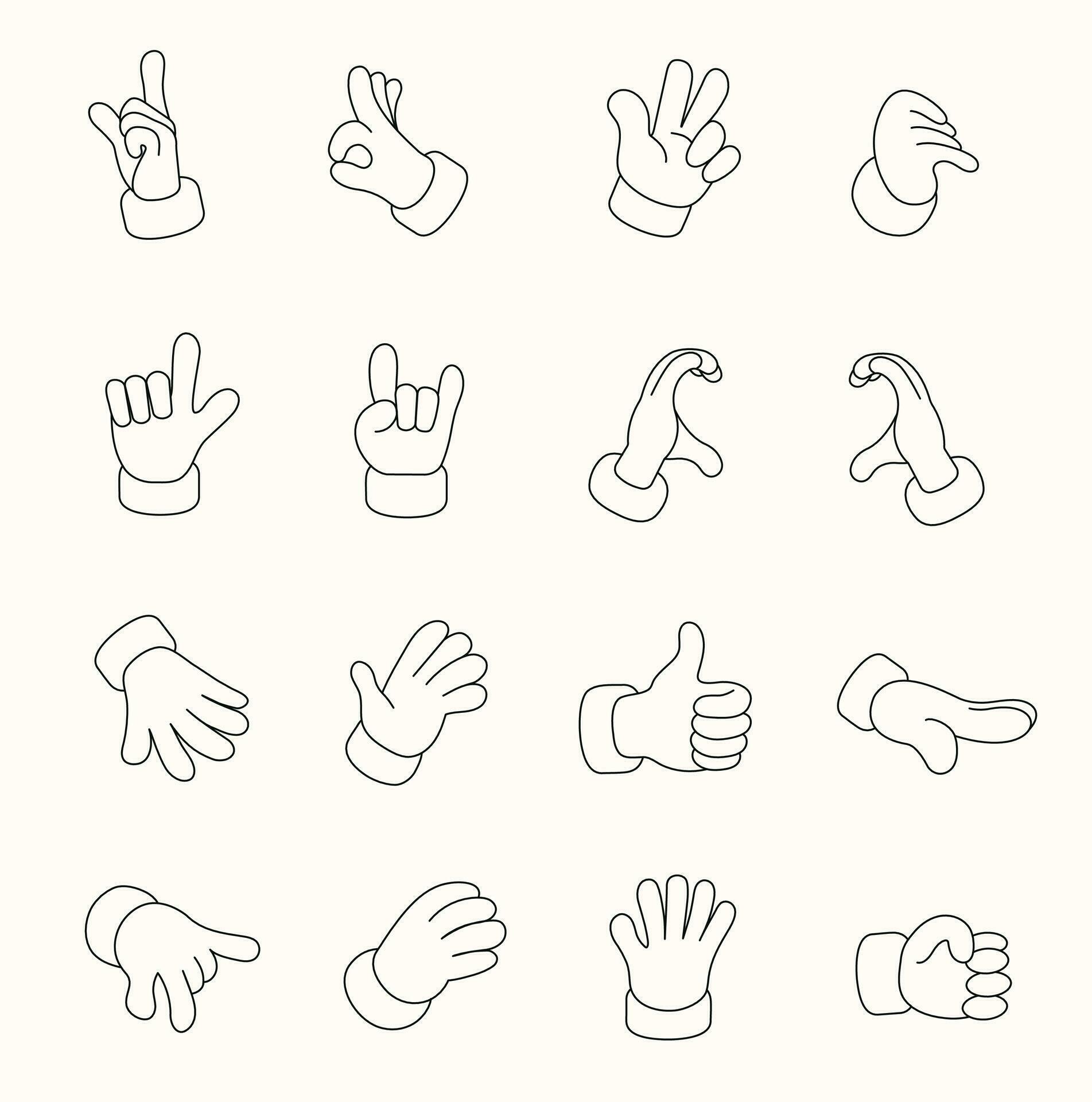 Hand Gestures Line Icons. Groovy character hand shows finger gestures. Set of realistic gestures ...