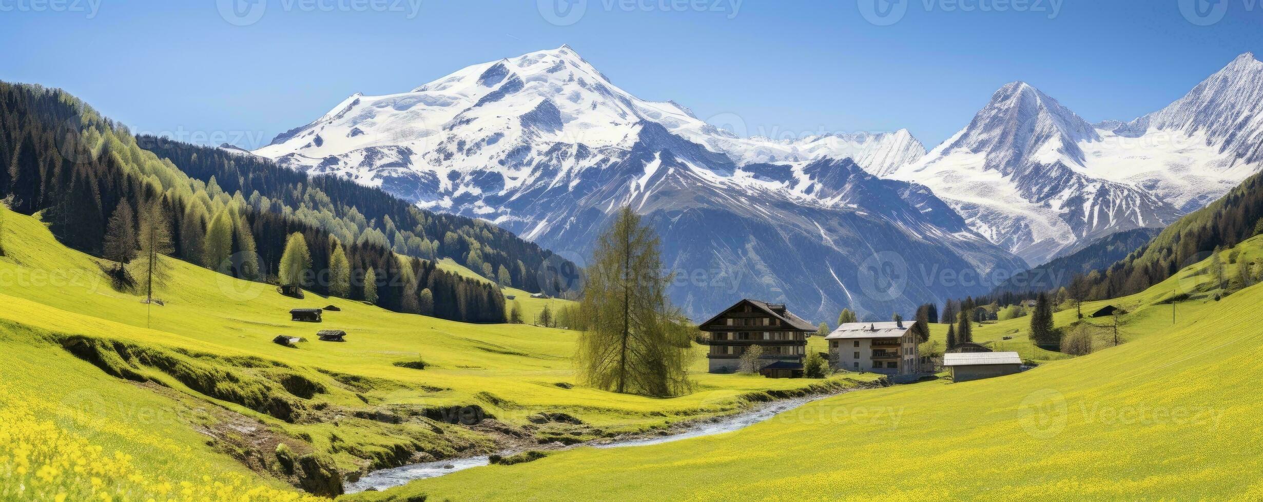 Idyllic mountain landscape in the Alps with blooming meadows in springtime, morning light, copy ...