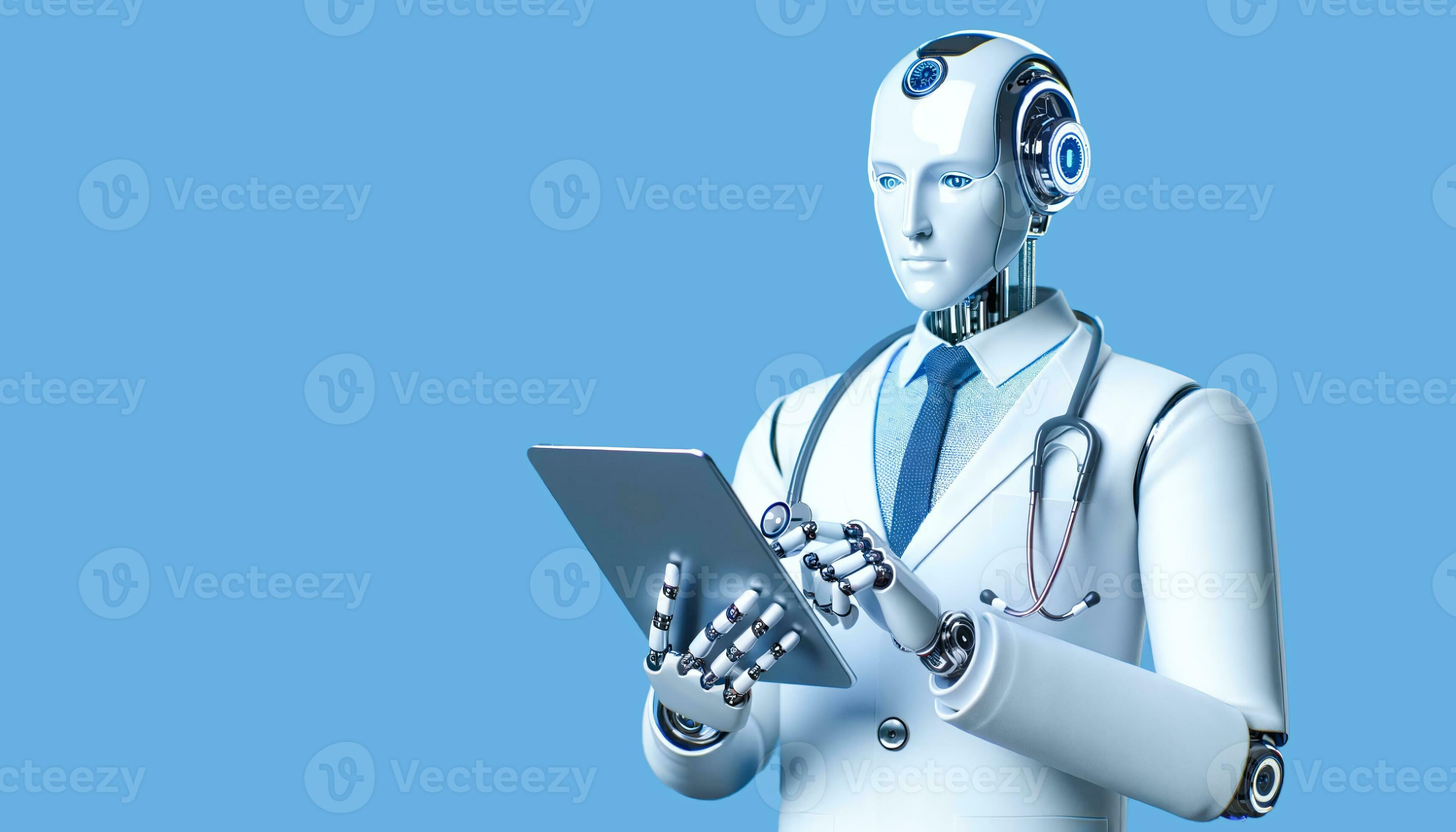 A futuristic robotic doctor in a doctor's coat with a stethoscope on a blue background, concept ...