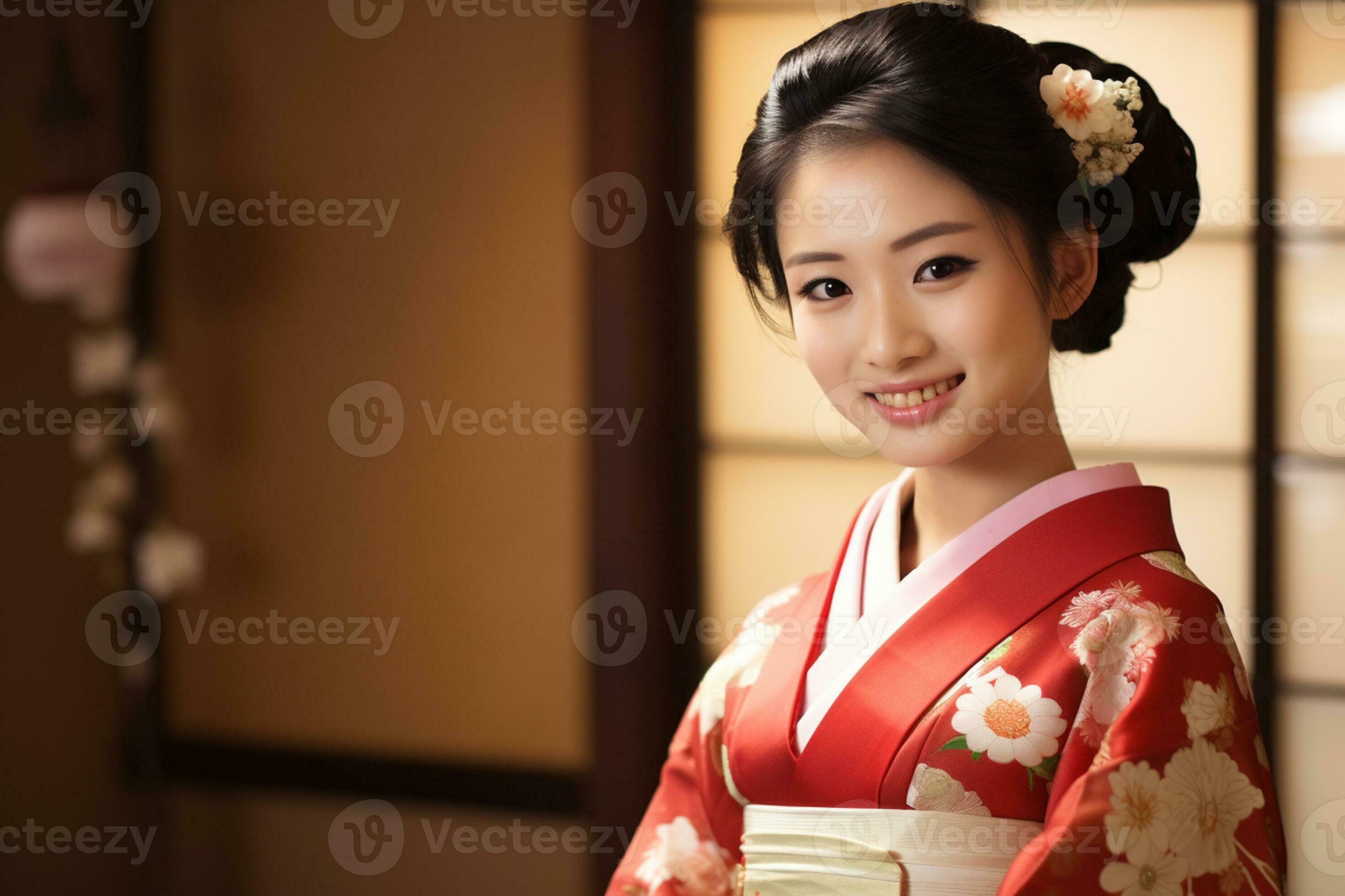 Beautiful Japanese Nationality Female Smiling And Wearing Kimono