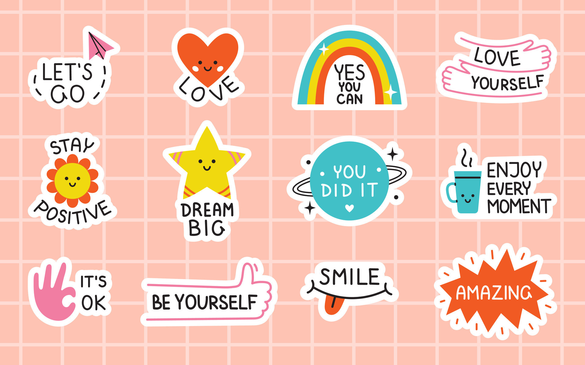 Vector motivational sticker pack. Cute sticker set with positive phrases. Motivation stickers ...