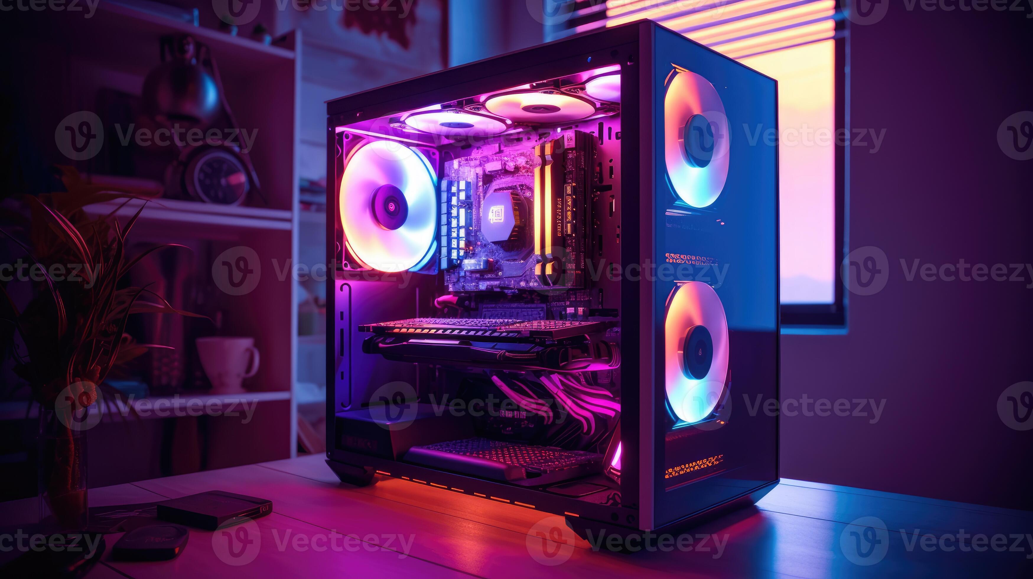 Futuristic powerful lighting computer in neon light, Neon Lights Gaming Computer 34675891 Stock ...