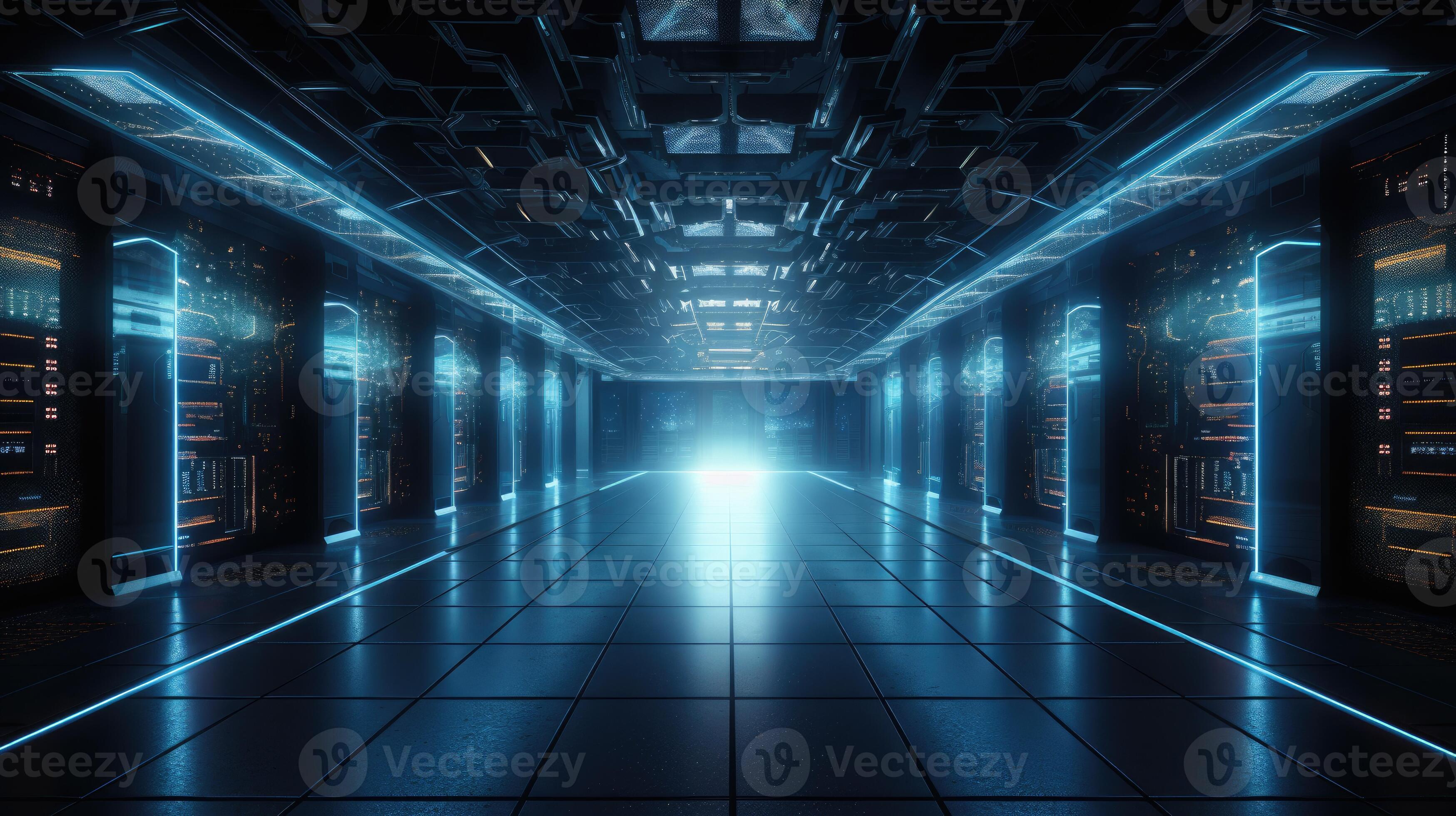 futuristic server room or data center corridor with neon lights in dark background 34676378 ...