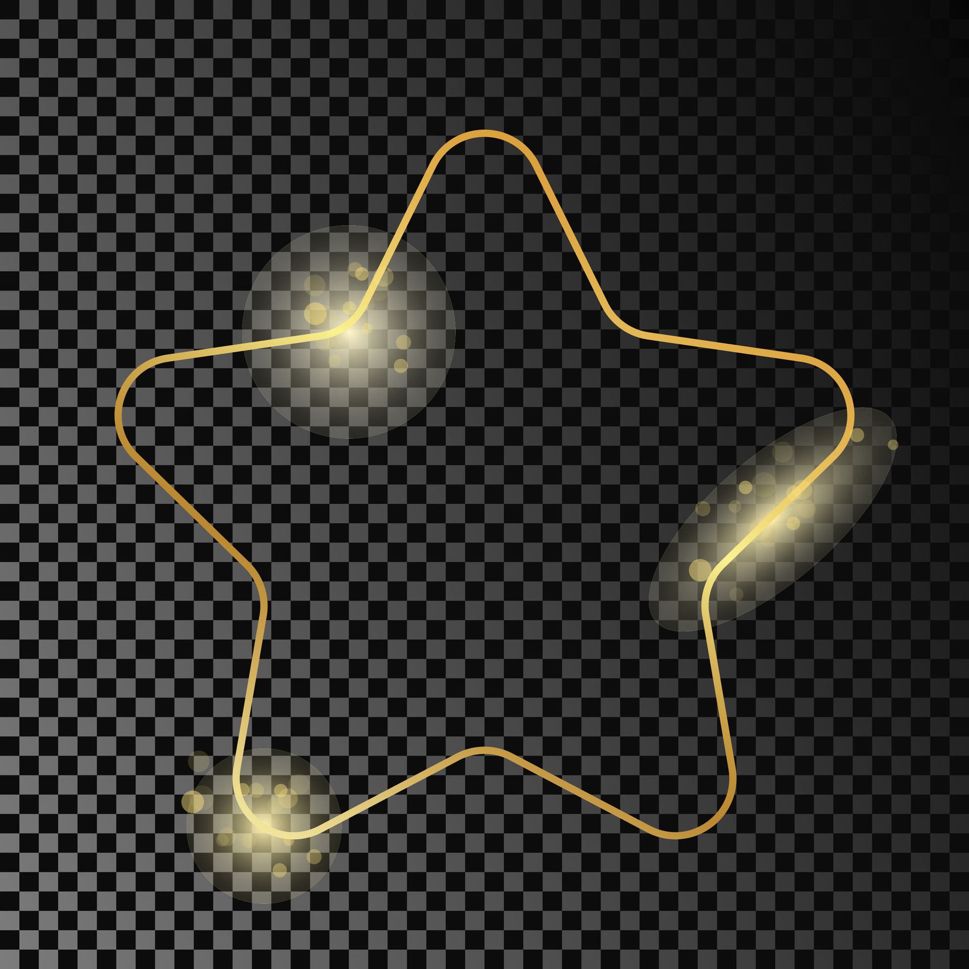 Gold glowing rounded star shape frame isolated on dark background. Shiny frame with glowing ...