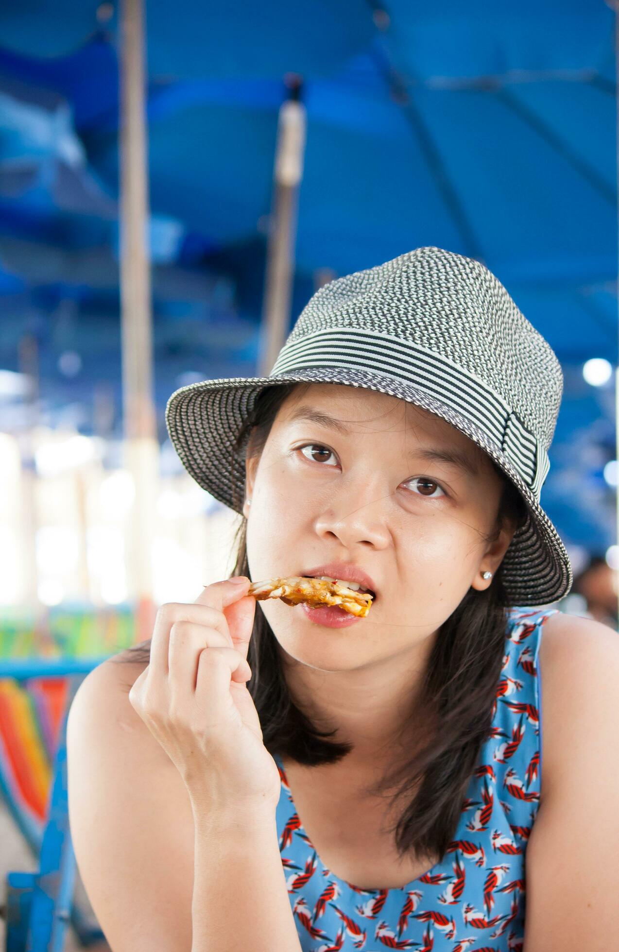 Woman Eating Seafood Outside In Summer Smiling Happy At Camera Asian Caucasian Girl Eating