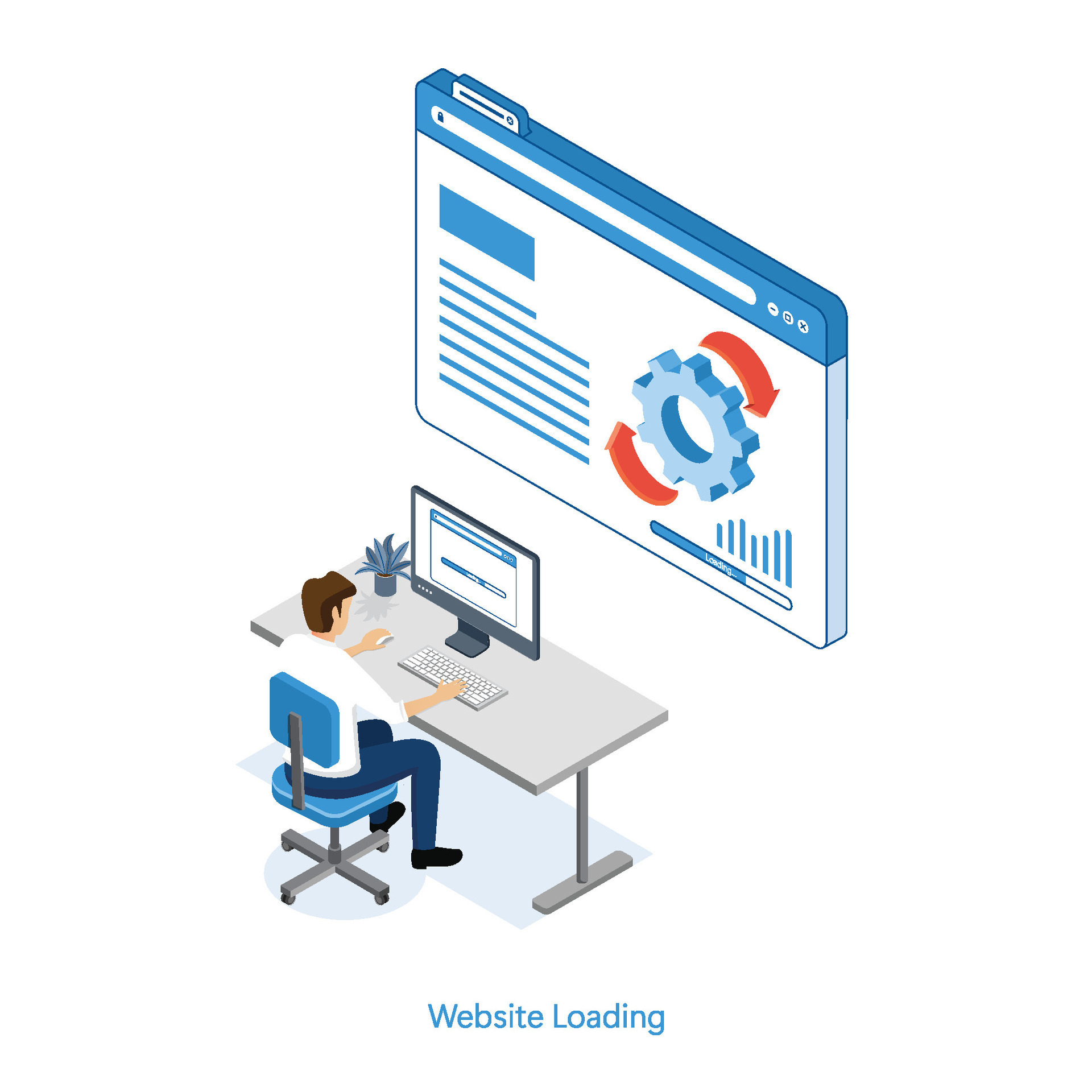 Man using web browser processing with computer. Isometric vector ... Man using web browser processing with computer. Isometric vector ...