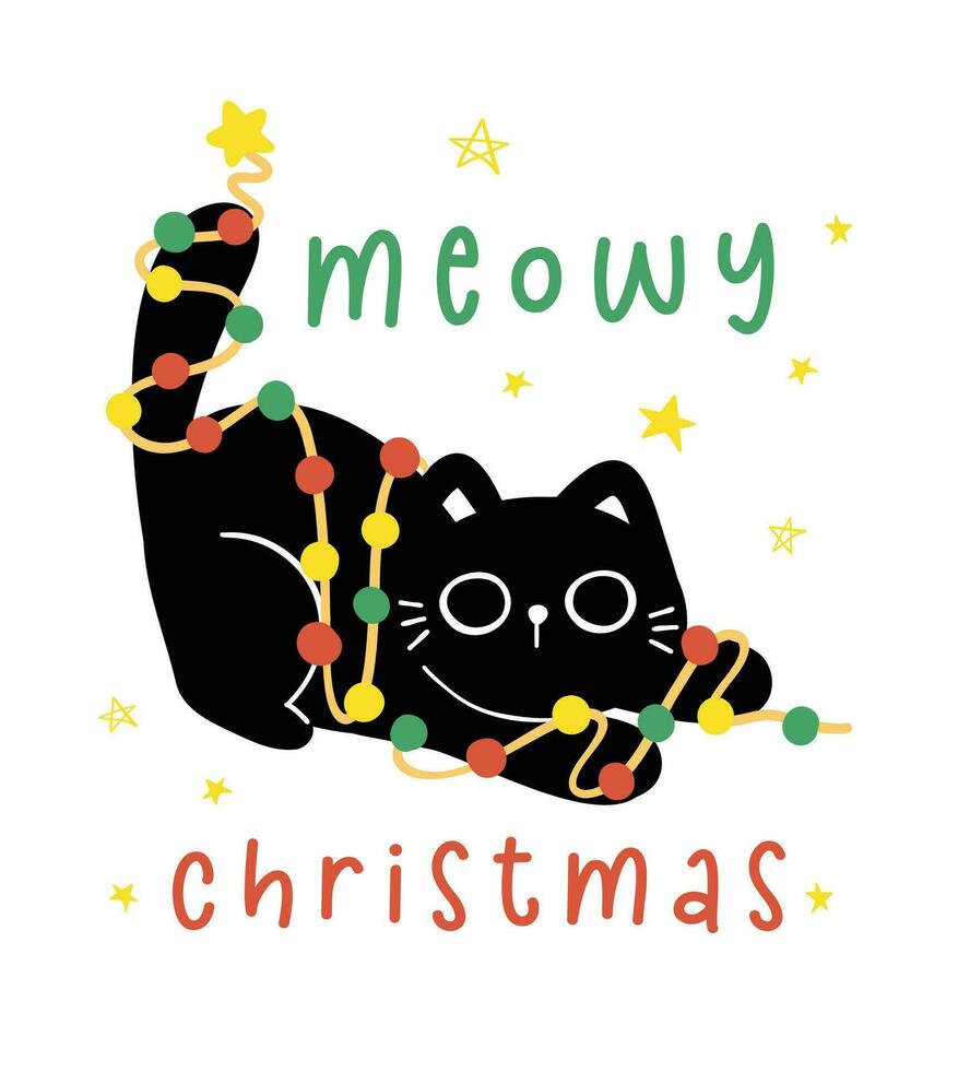 Cute Christmas Black Cat adorned with lights, Funny and Playful ...