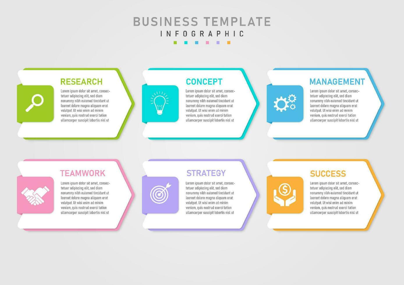 Infographic 6 steps business planning multi-colored arrows below The white top has letters. The ...