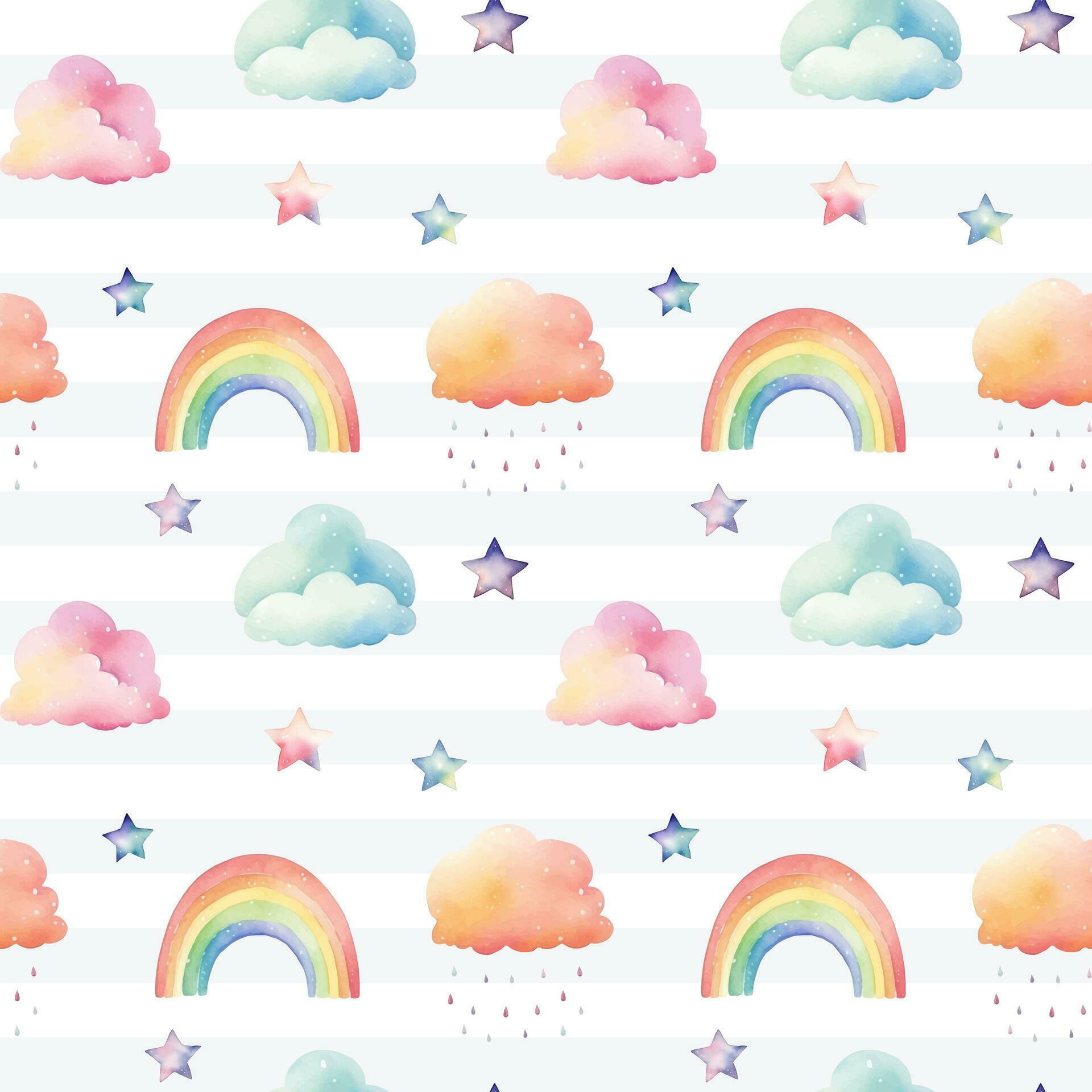 Seamless colorful stars rainbow clouds pattern. Watercolor stars ...