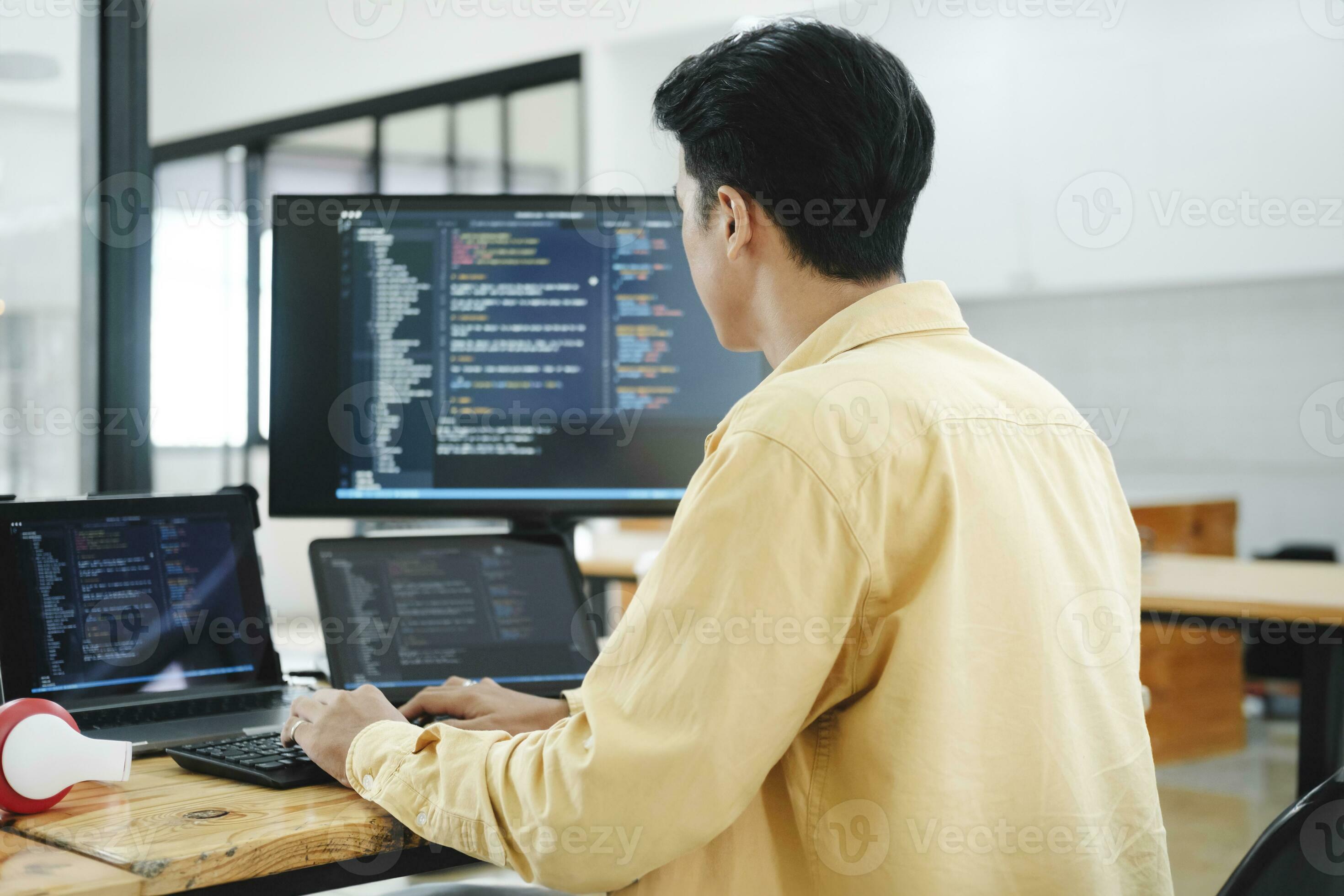 IT Programmer Starts Working on Desktop Computer. 34721314 Stock Photo at Vecteezy