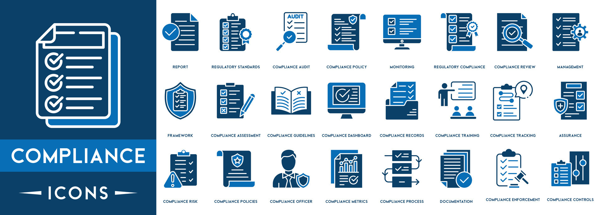 Compliance icon set. Checklist on the clipboard line icon with ...