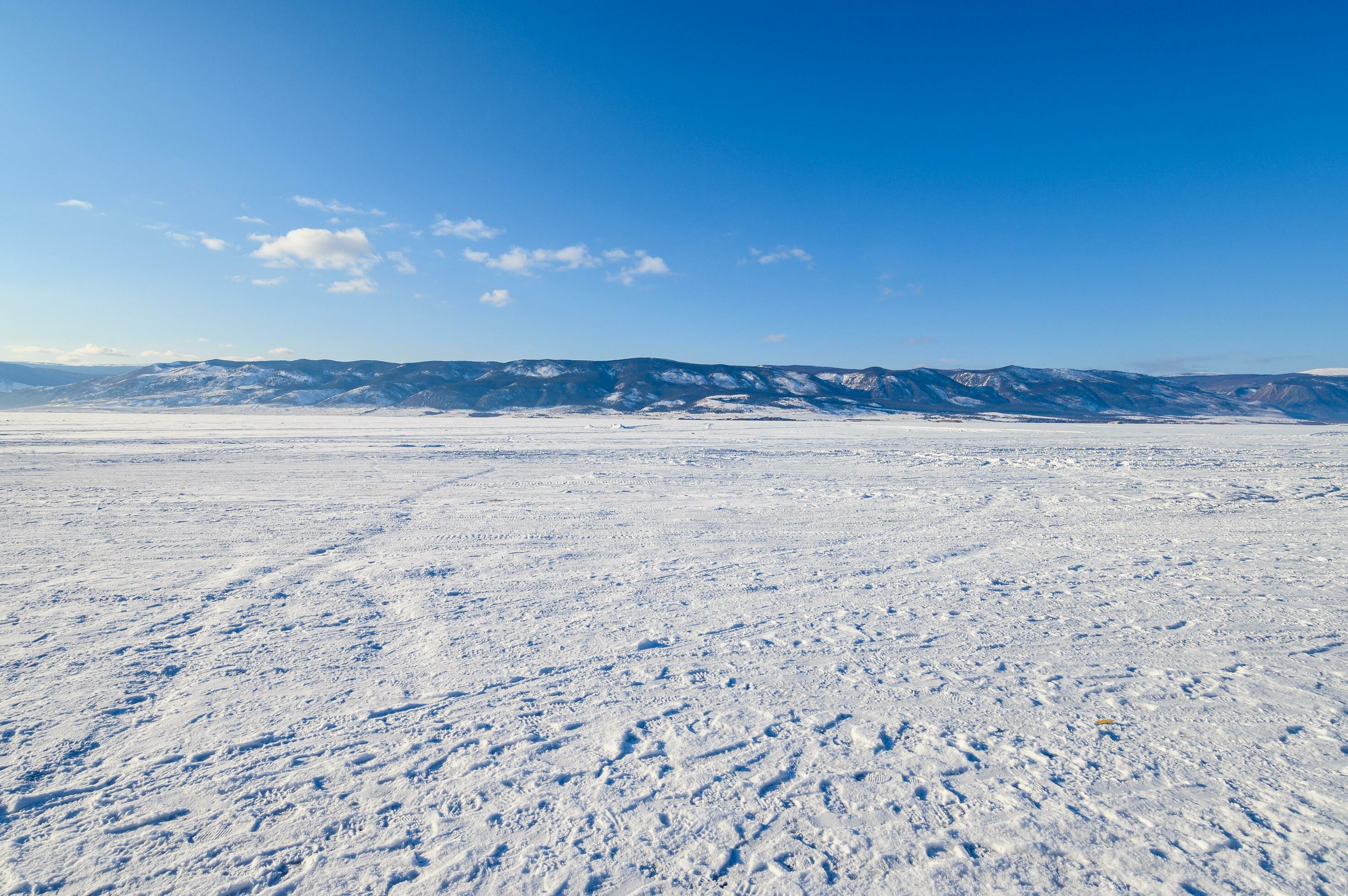 View of frozen lake Baikal in winter season, the surface of lake ...