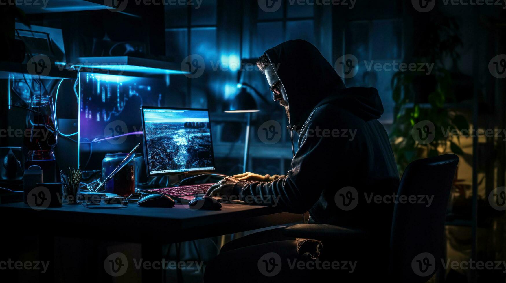 hacker working in the dark room with ai generated 34746319 Stock Photo ...