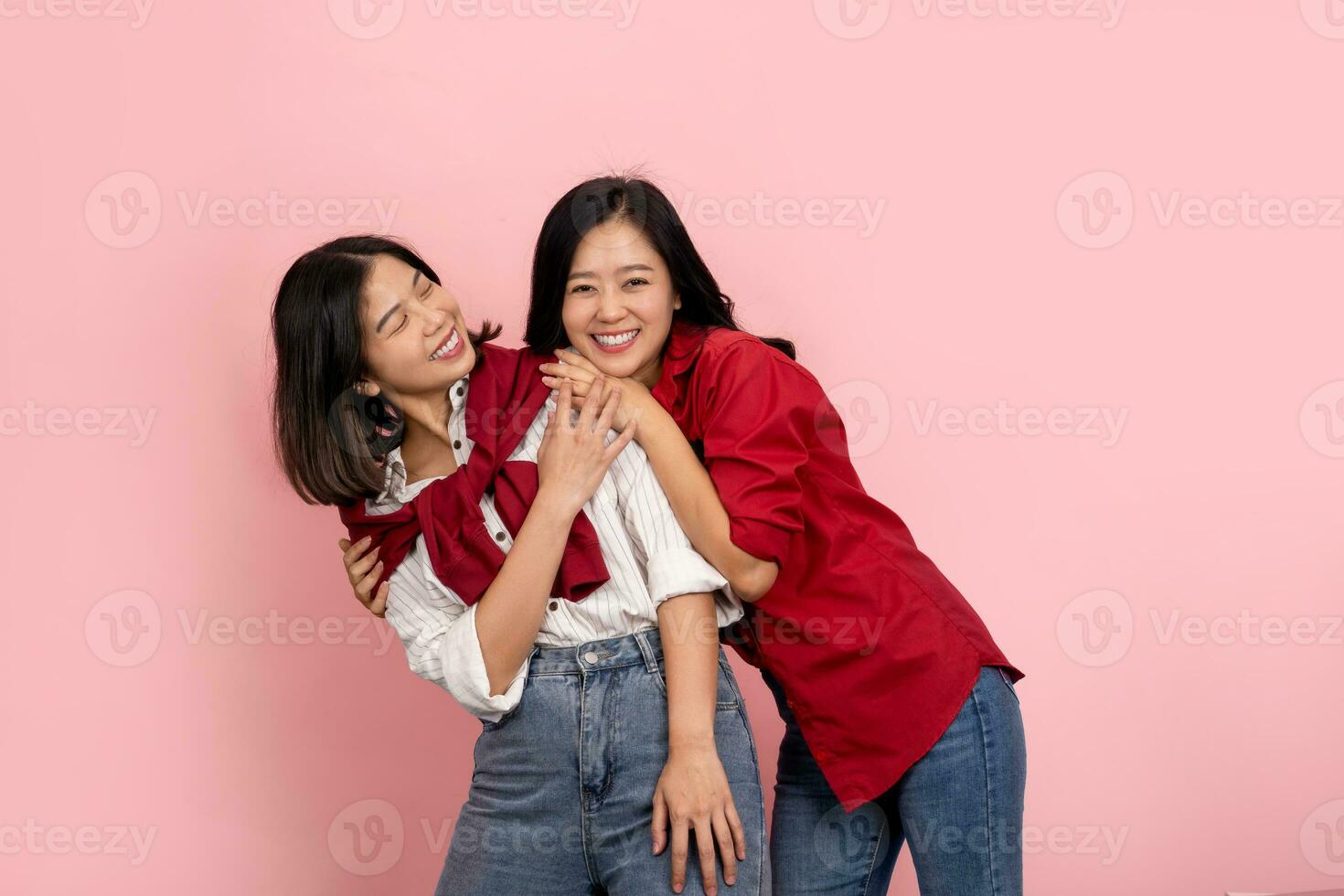 Happy Asian Lesbian Couple Standing On Pink Background 34749550 Stock