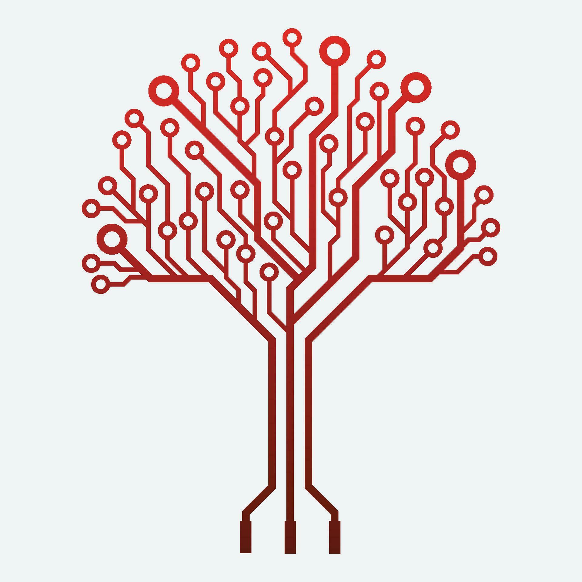 Red Circuit Tree data technology on white background. Digital circuit board internet connection ...
