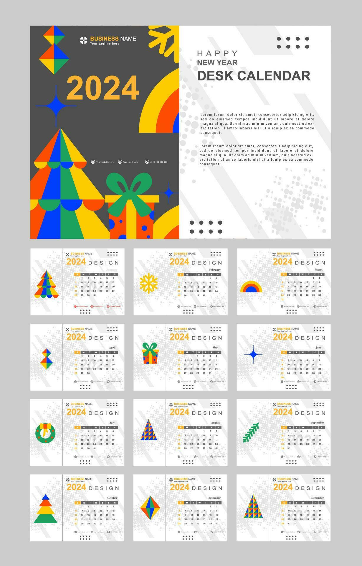 Monthly calendar set template for 2024 year with christmas element ...