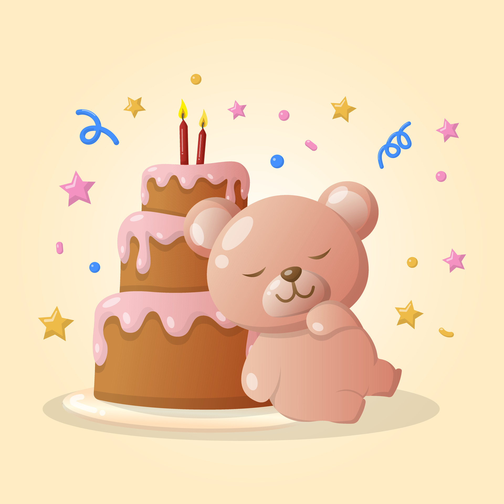 vector cute sleep teddy bear doll with birthday cake and party vibes ...