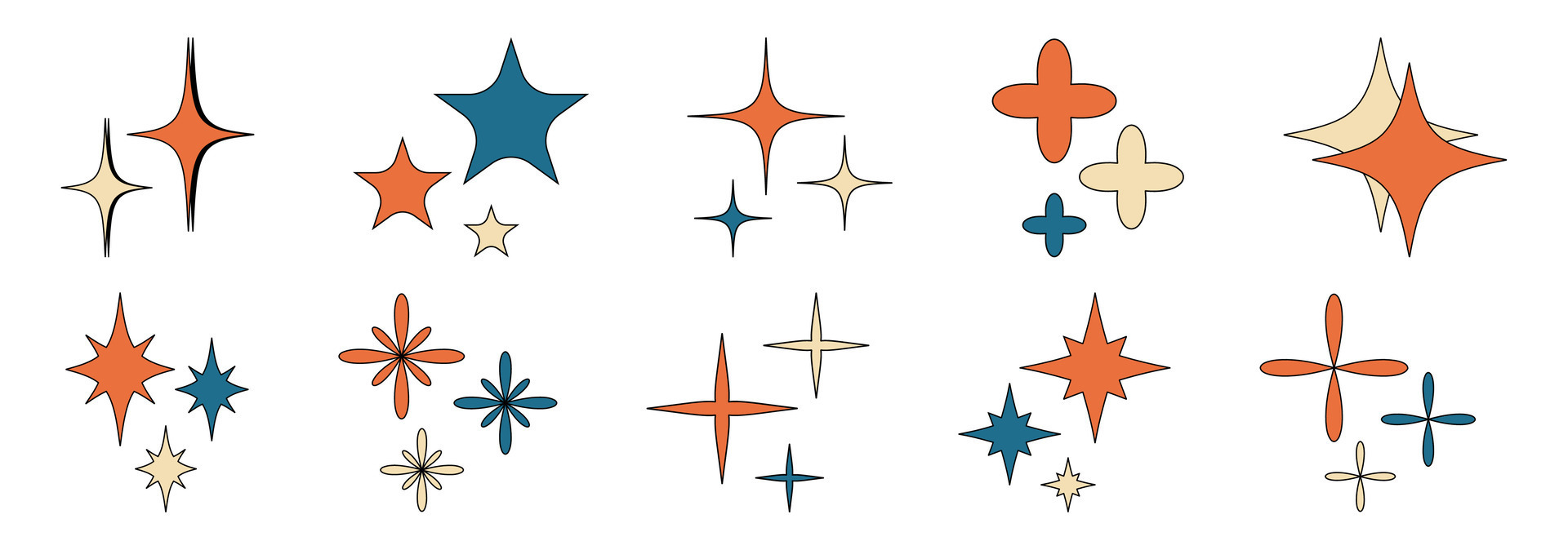Retro futuristic sparkle icons collection. Set of star shapes. Abstract cool shine effect sign ...